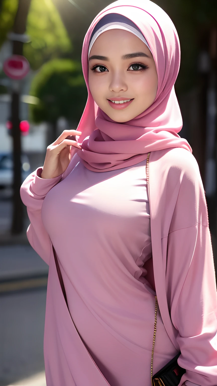 Arafed woman in a pink hijab is standing on the street - SeaArt AI