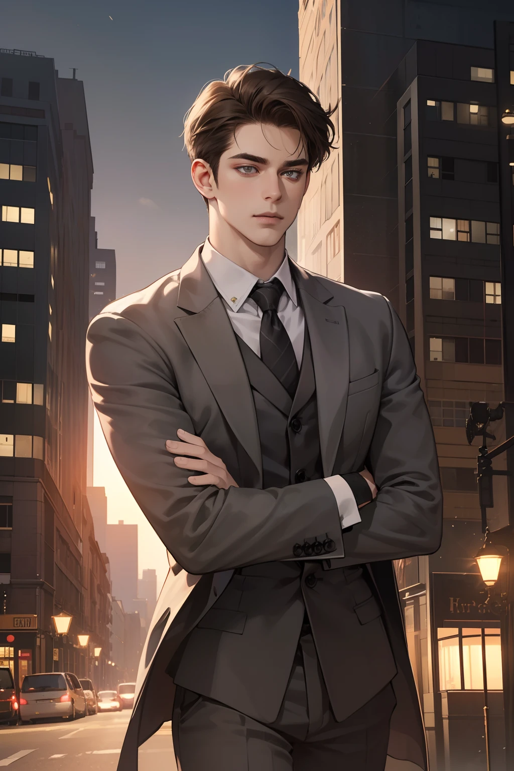 There is a man in a suit standing in the middle of a city - SeaArt AI