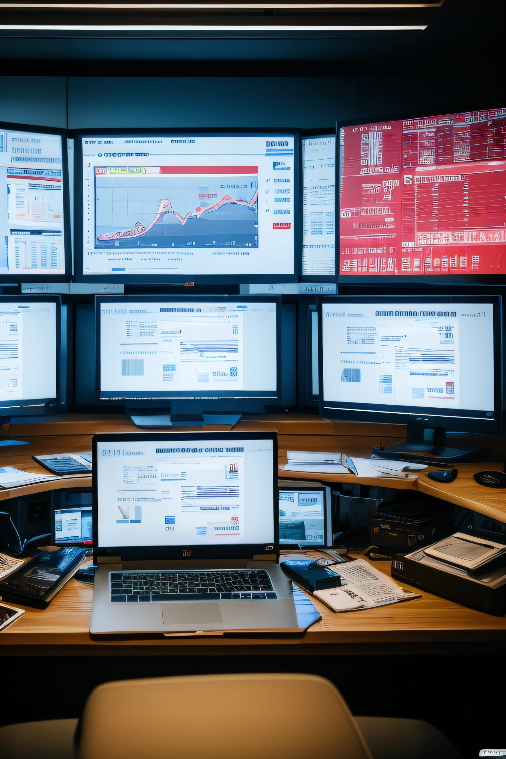 Arafed view of a desk with multiple monitors and a laptop - SeaArt AI