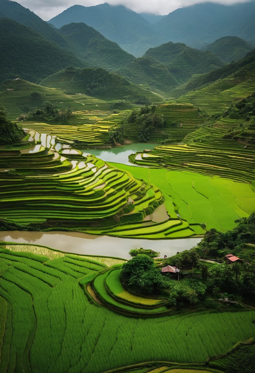A view of a river running through a lush green valley - SeaArt AI