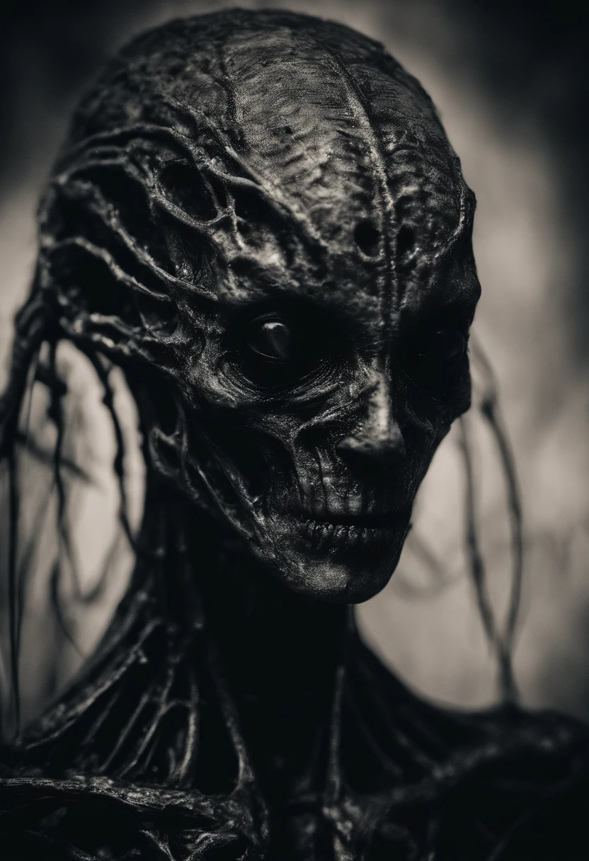 A close up of a creepy looking alien with long hair - SeaArt AI