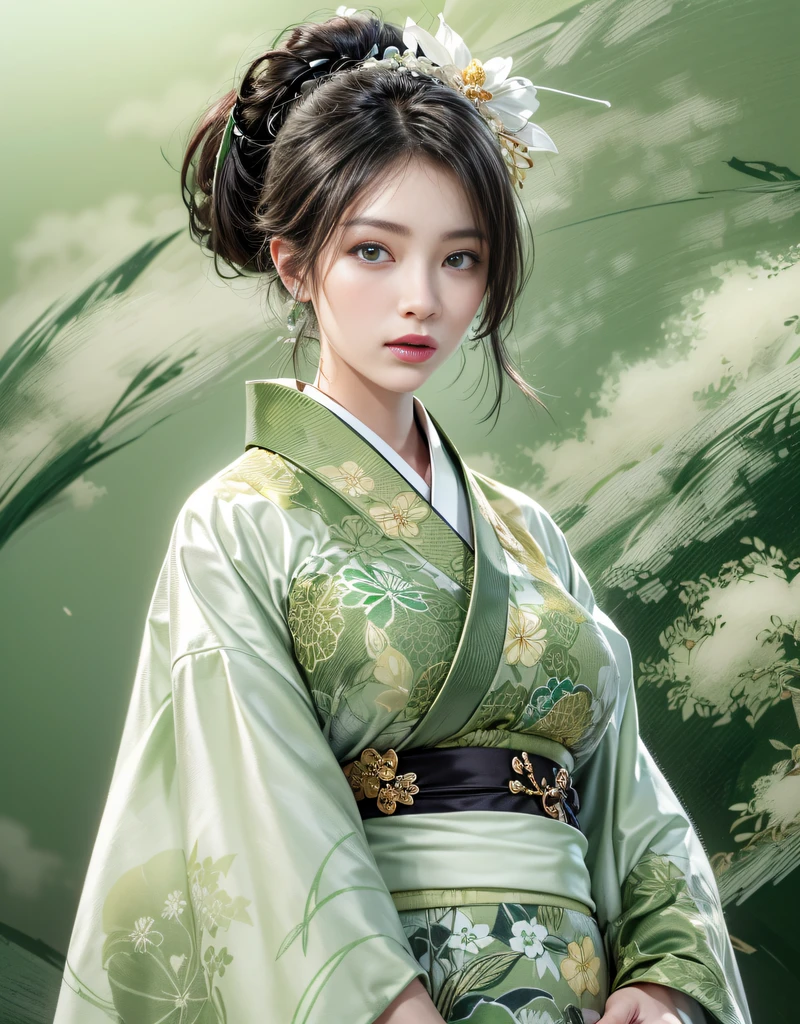 A Close Up Of A Woman In A Green Kimono Seaart Ai
