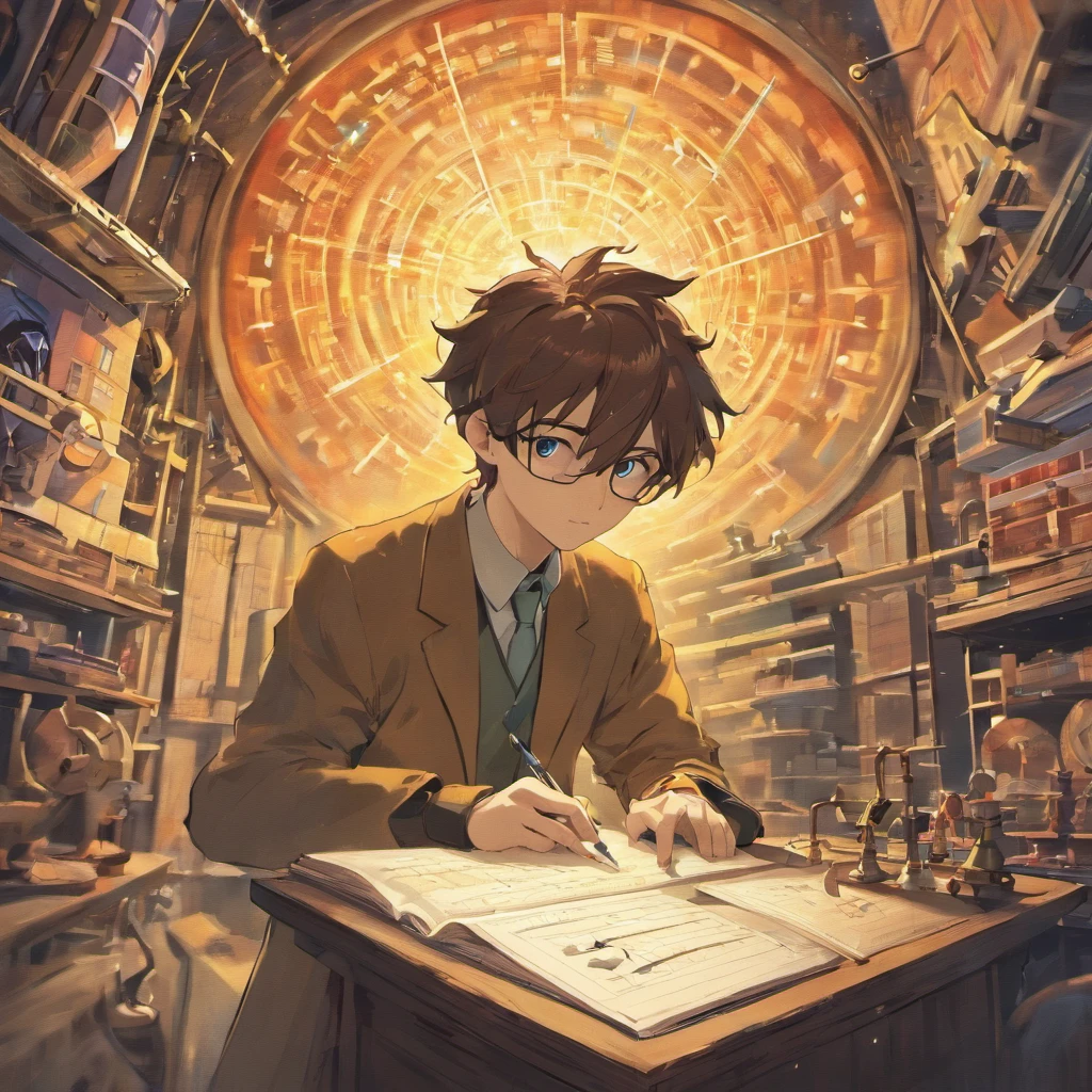 Anime boy in a library writing a book with a giant clock in the ...