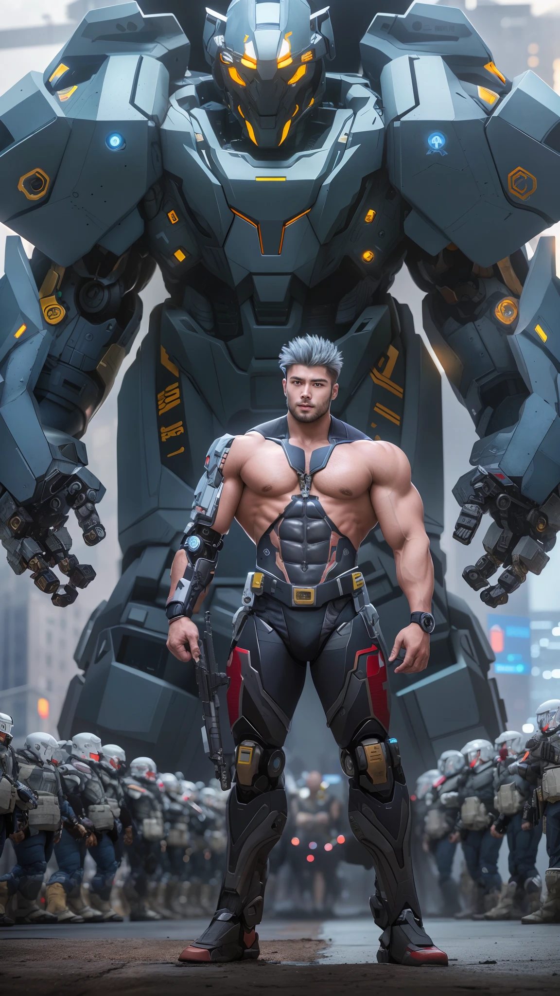 A close up of a man standing in front of a giant robot - SeaArt AI