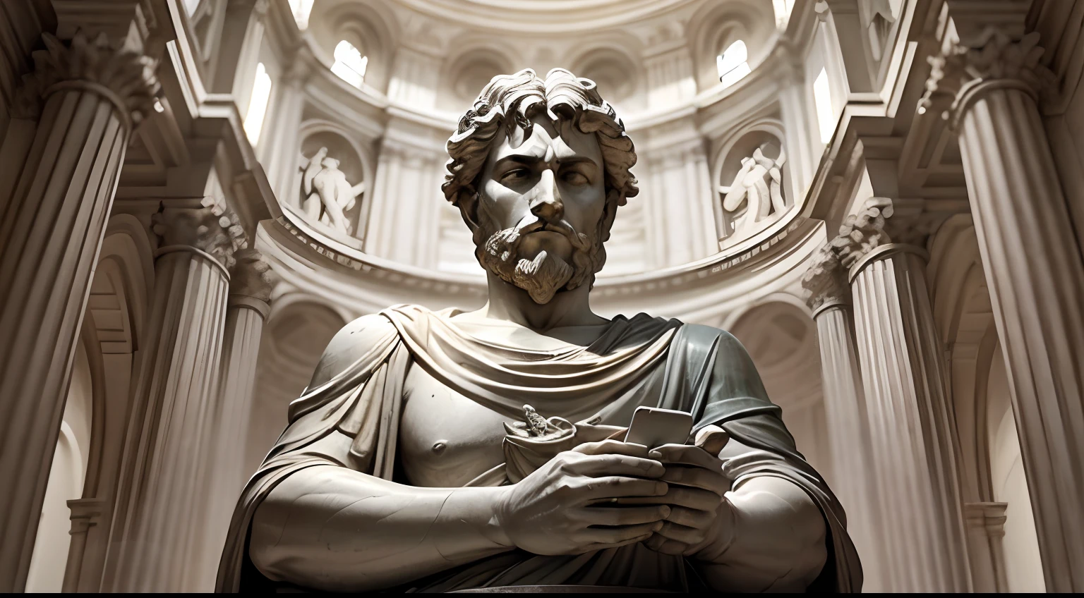 Arafed statue of a man holding a cell phone in a building - SeaArt AI