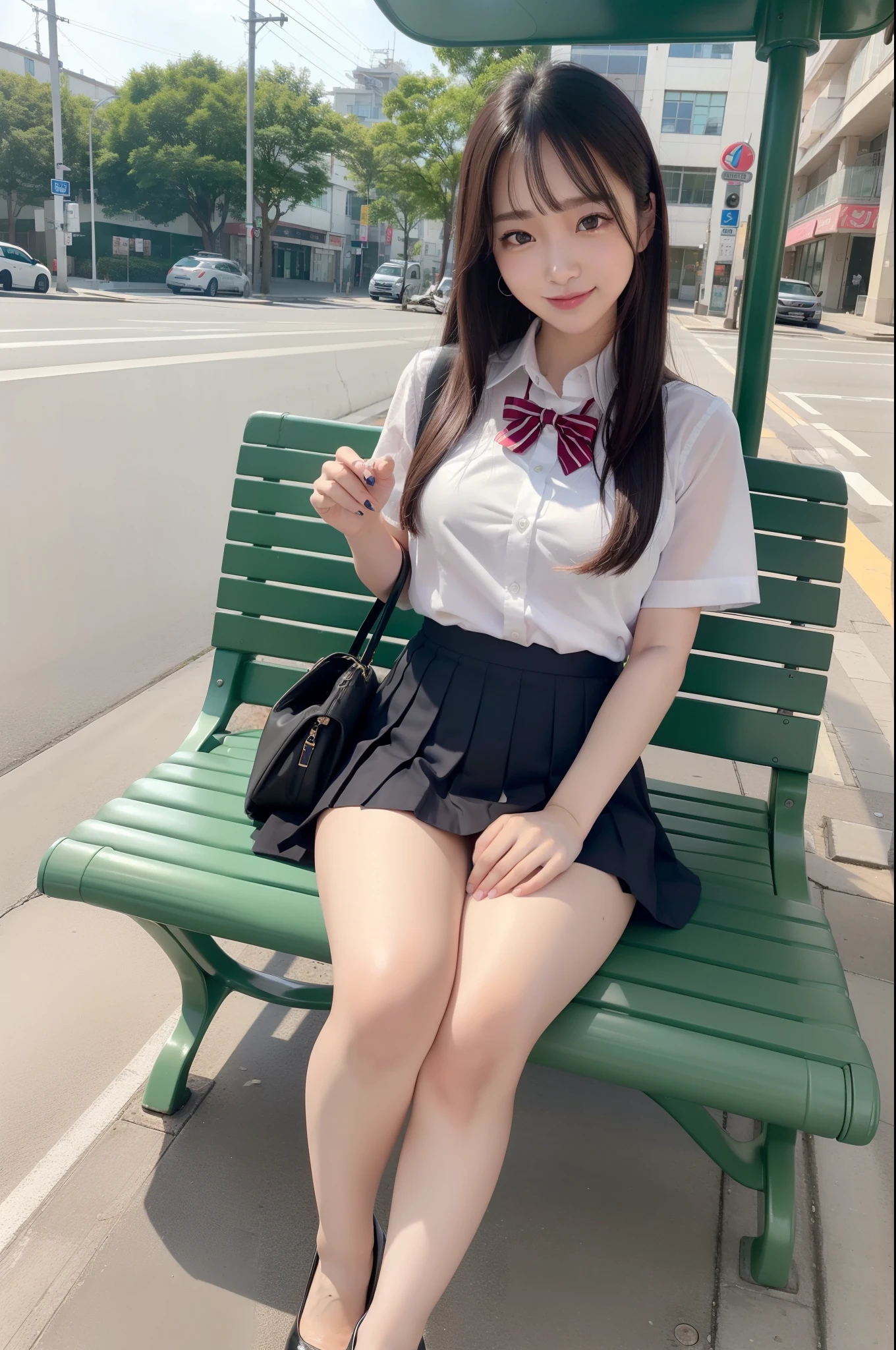 Araffe asian woman sitting on a green bench in a white shirt and black skirt - SeaArt AI