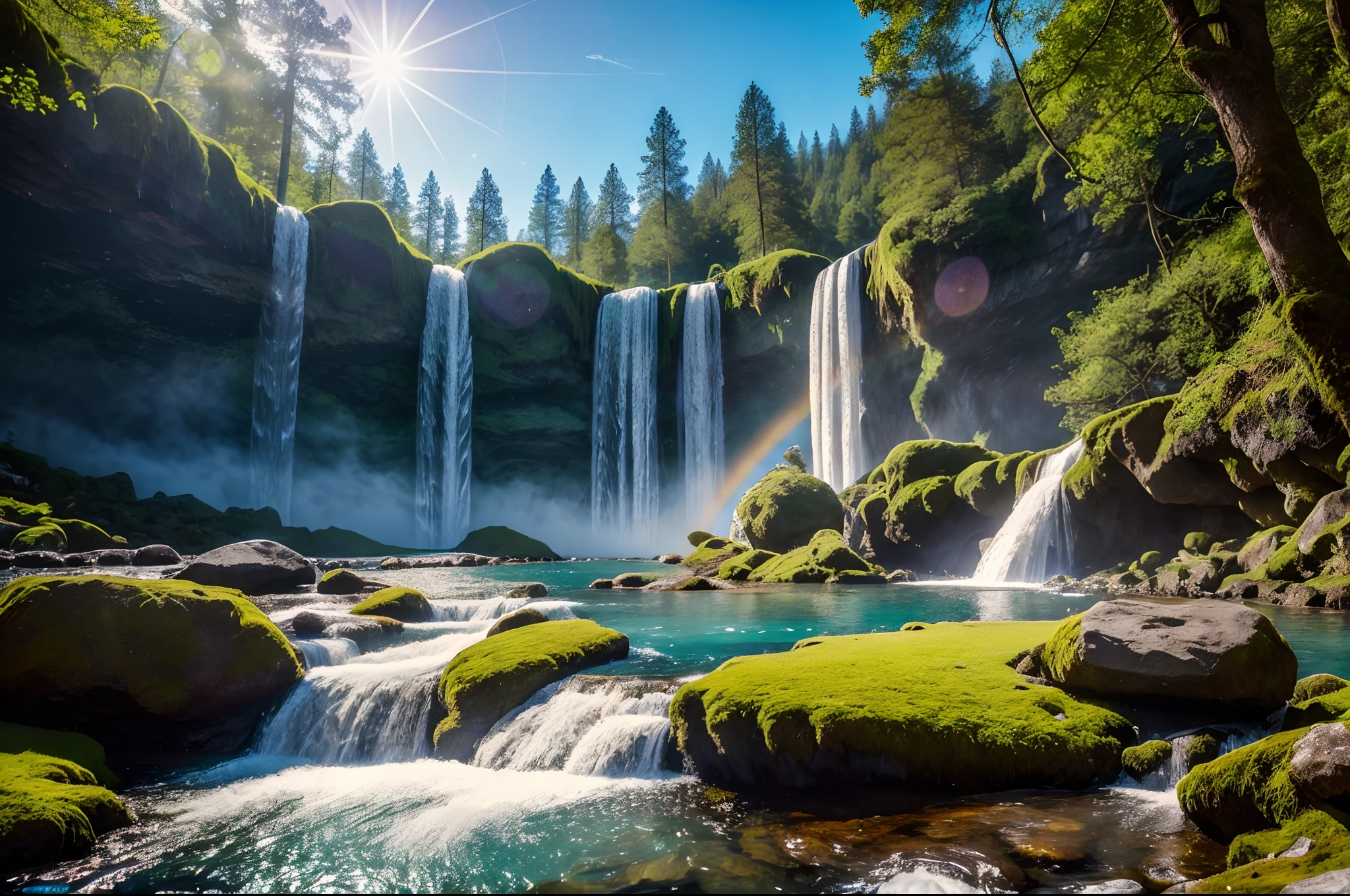 A close up of a waterfall with a rainbow in the background - SeaArt AI