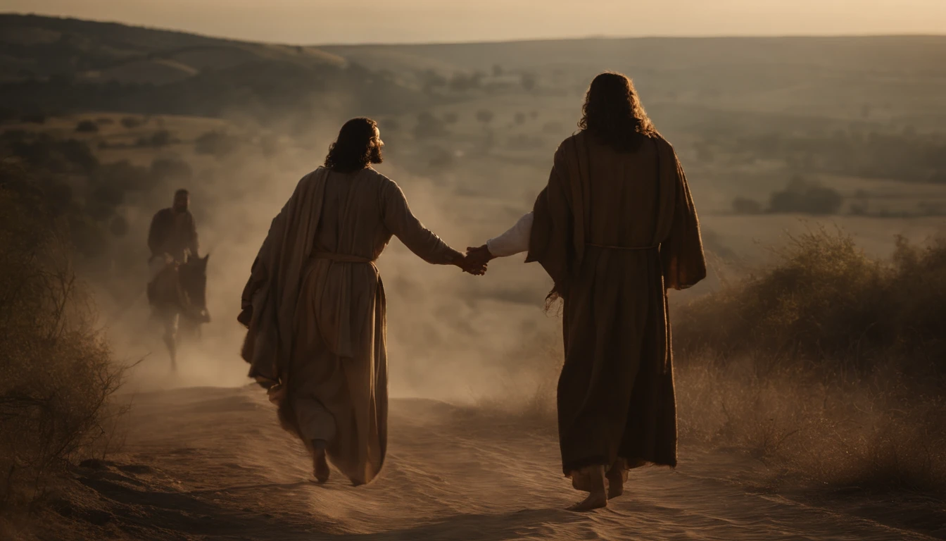 Jesus walking with a woman holding hands on a dirt road - SeaArt AI