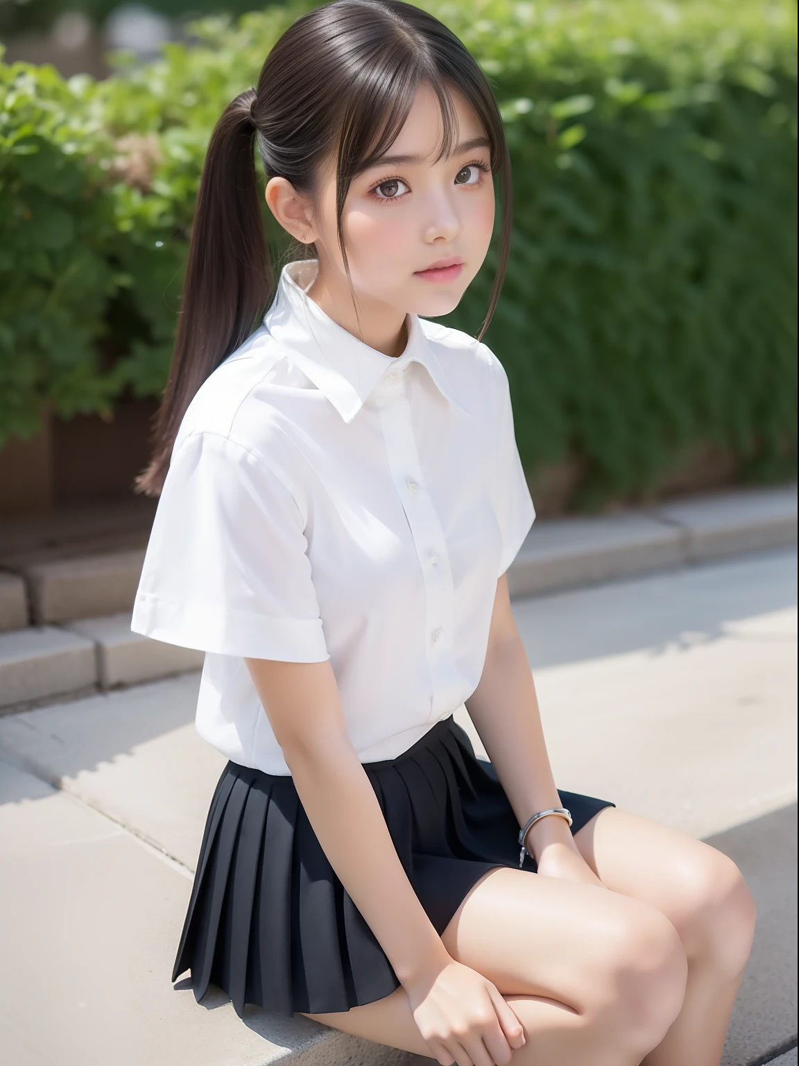 A close up of a woman sitting on a ledge wearing a skirt - SeaArt AI