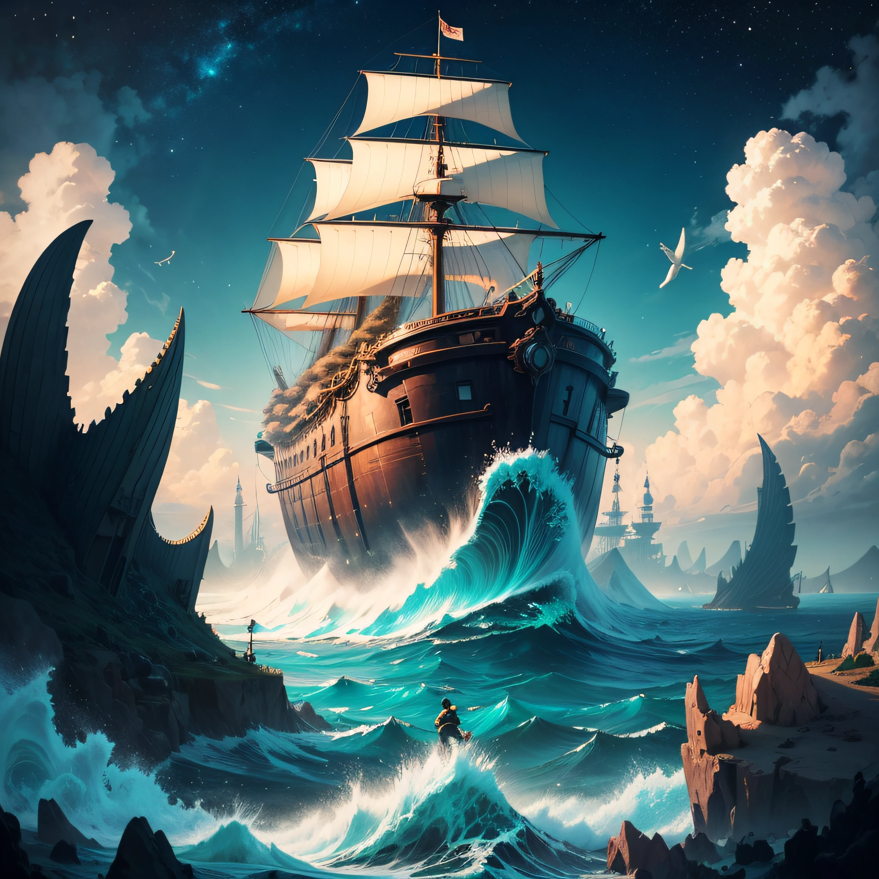 A painting of a ship sailing through a large body of water - SeaArt AI