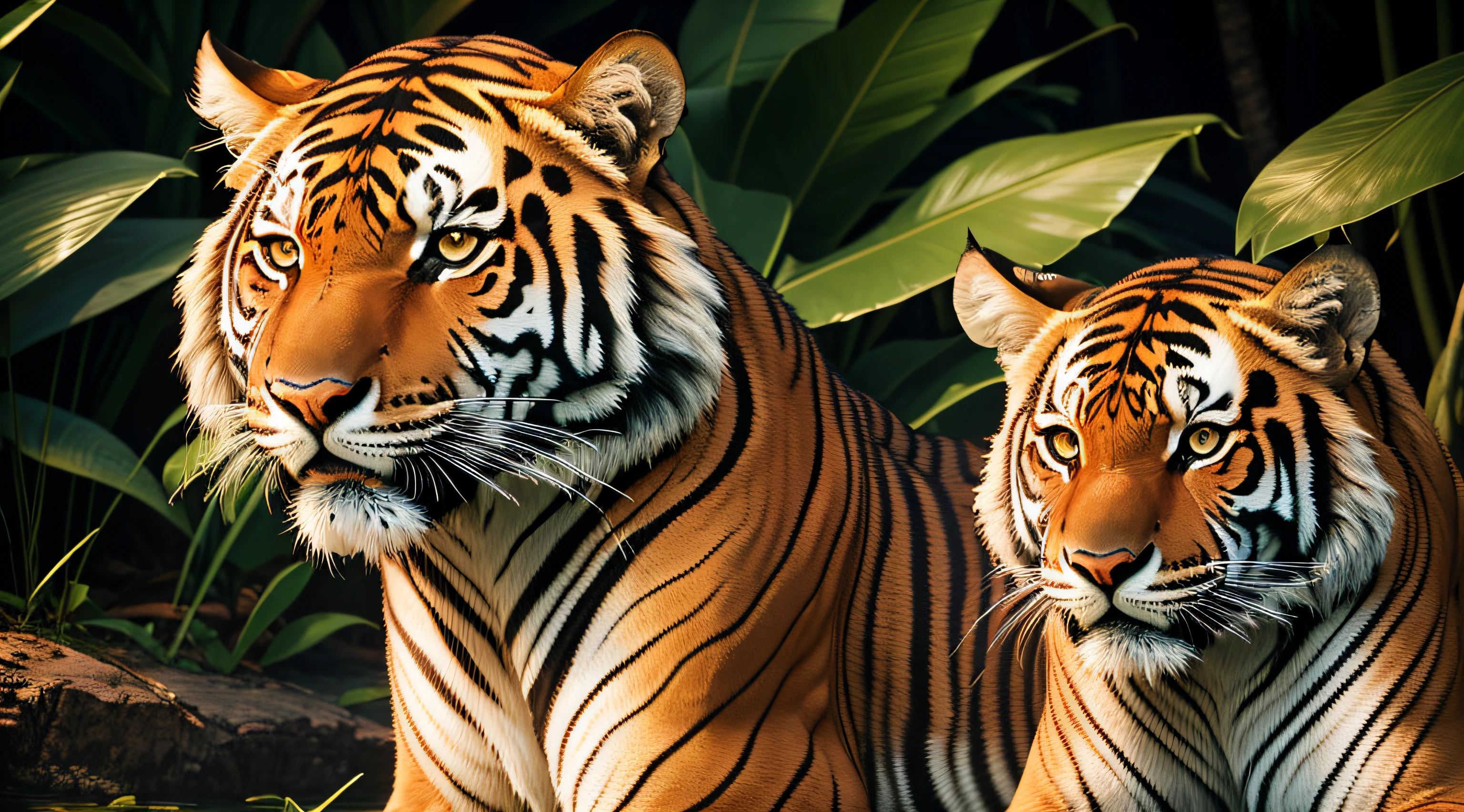 Two tigers standing next to each other in a jungle - SeaArt AI