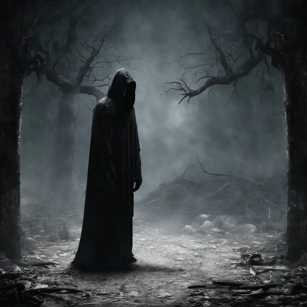 A man in a hoodedie standing in a dark forest - SeaArt AI