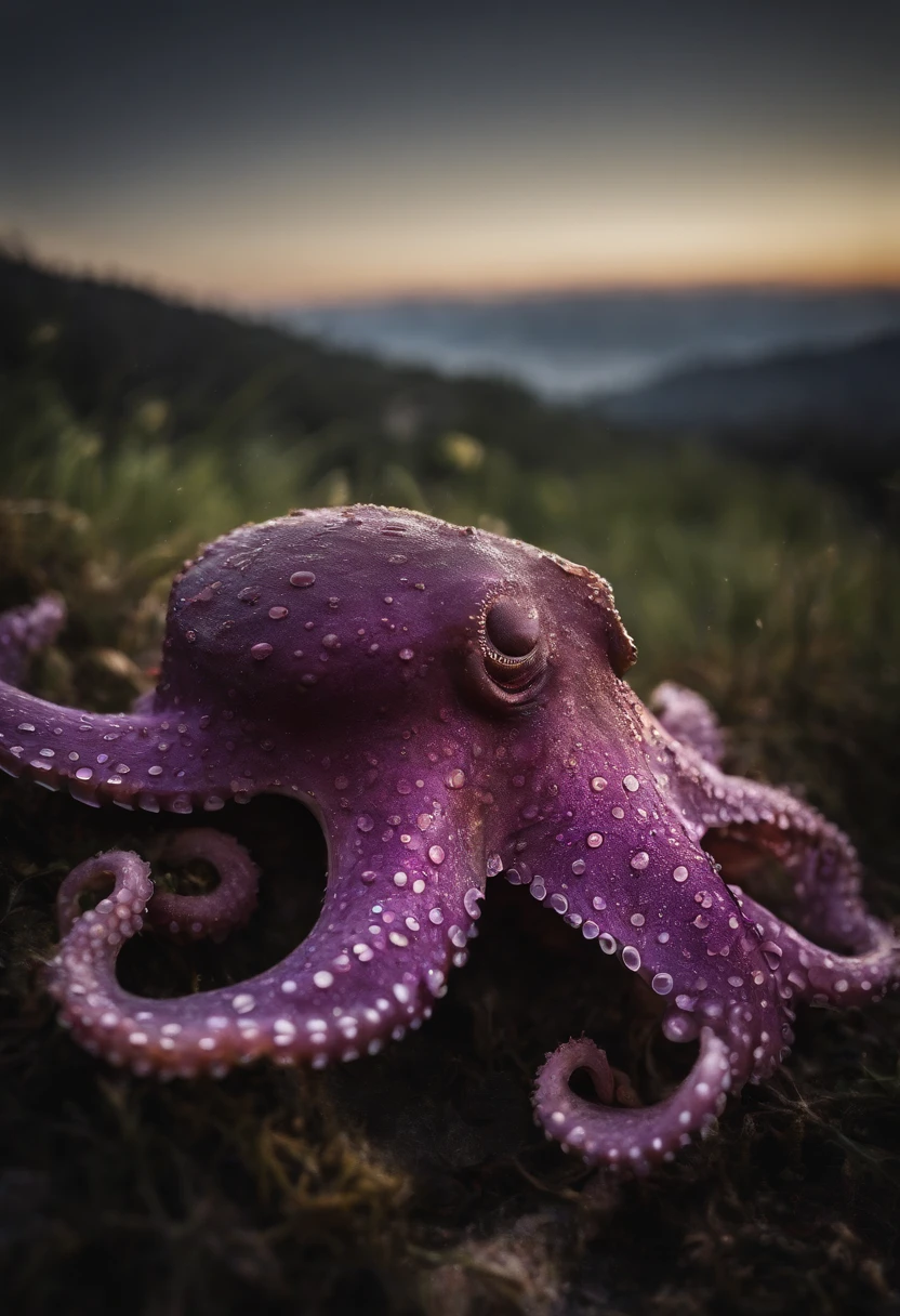 Purple octopus laying on the ground with water droplets on its head ...