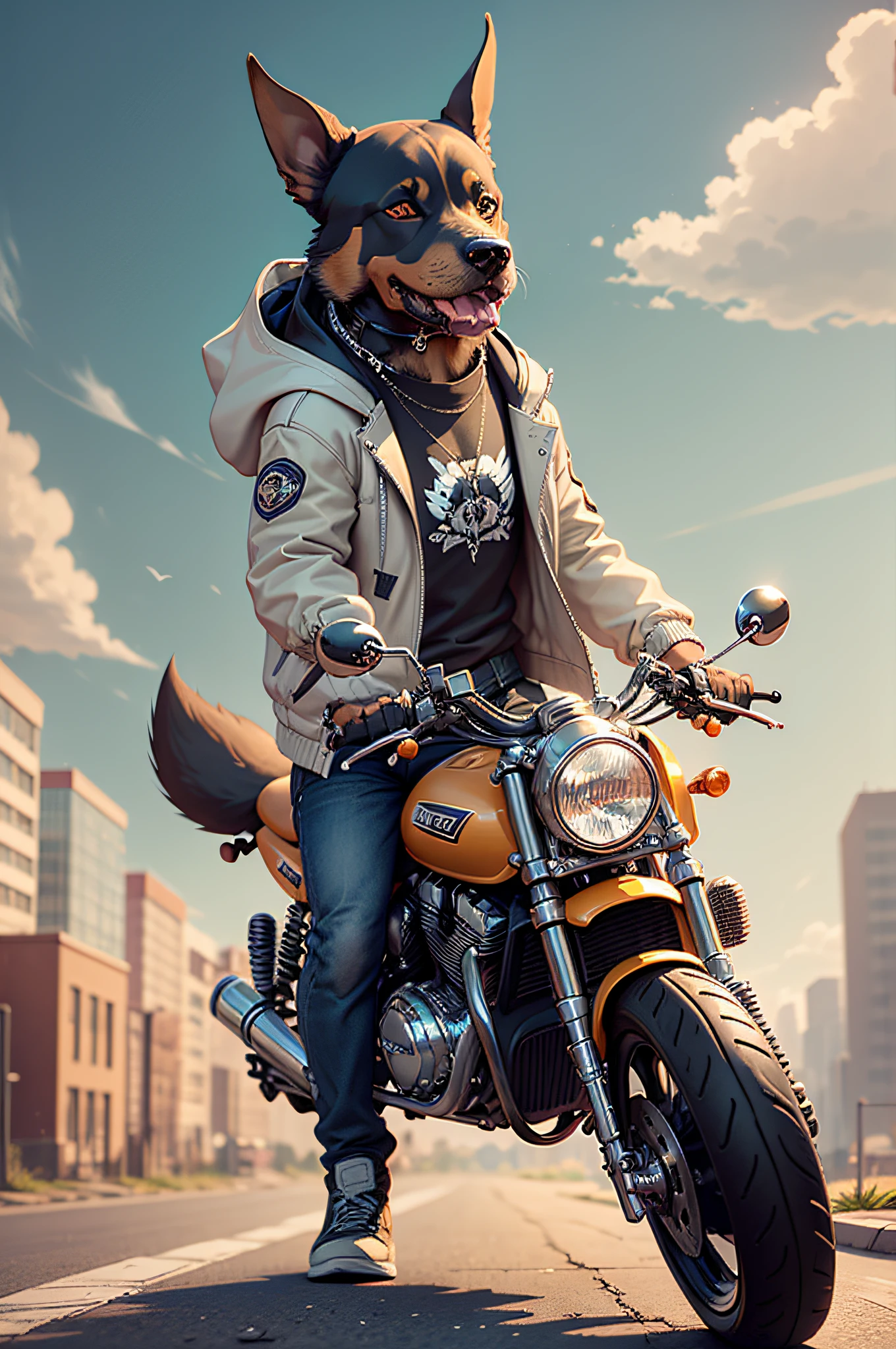 Araffe riding a motorcycle with a dog on the back - SeaArt AI