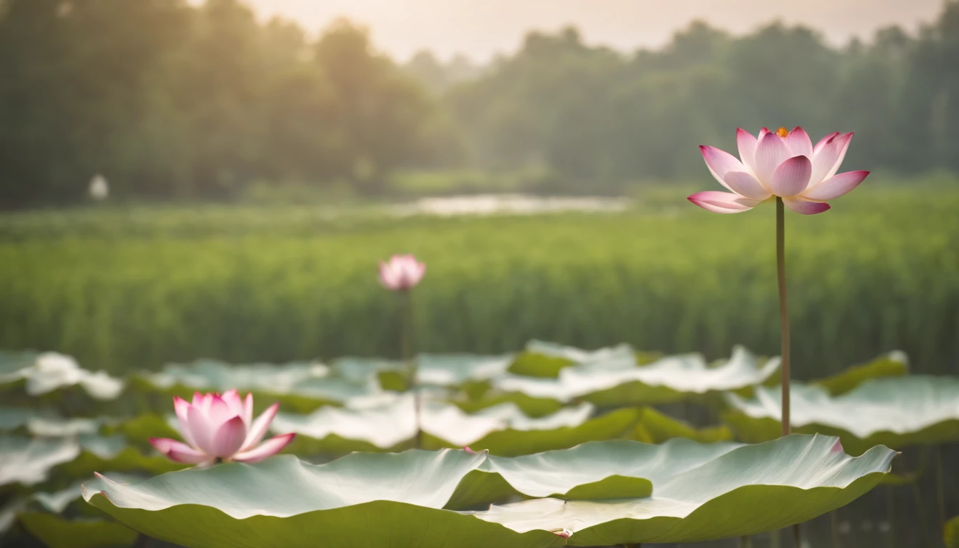 Lotus flowers blooming in a pond of water with a green field in the ...