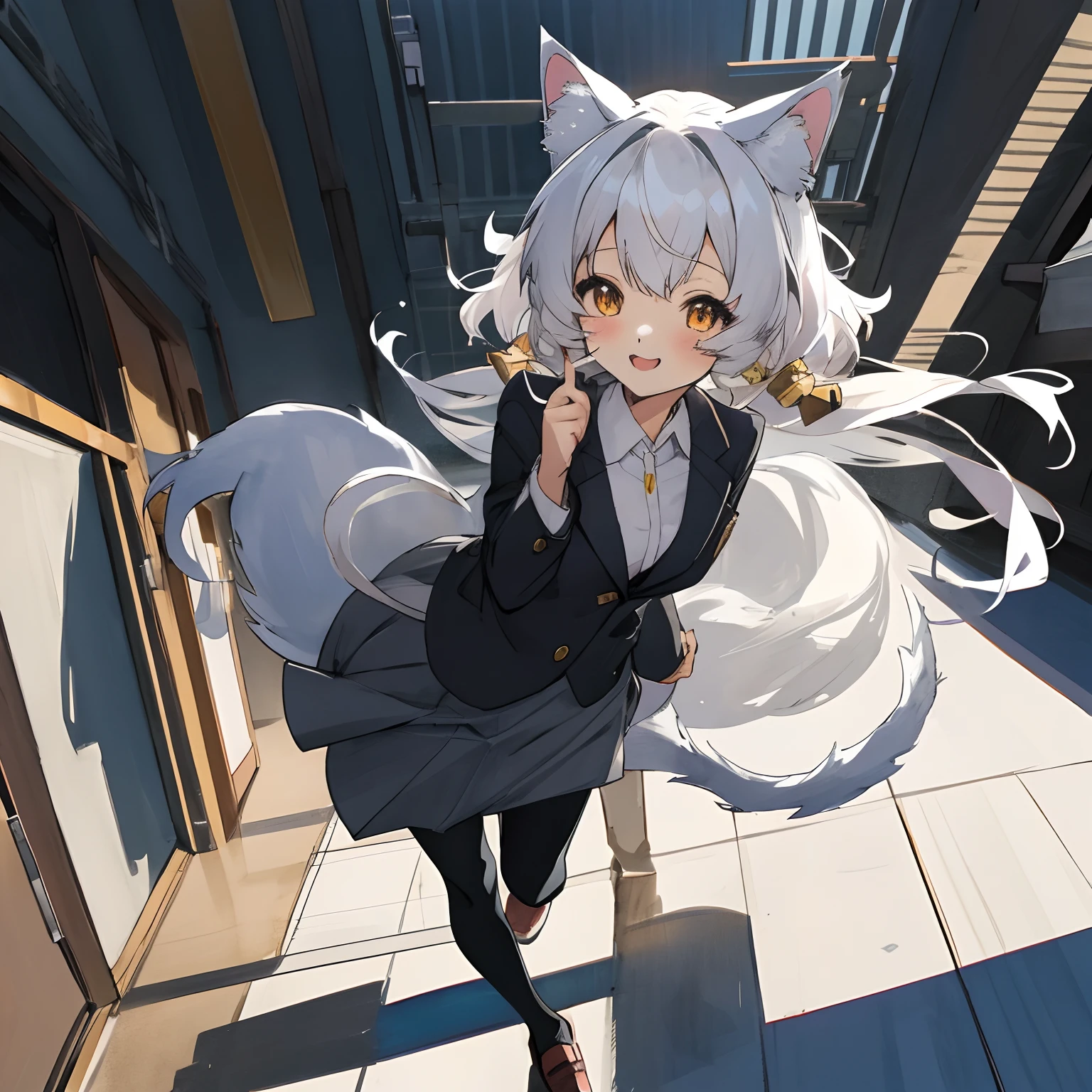 Anime girl with white hair and black outfit walking down a hallway ...