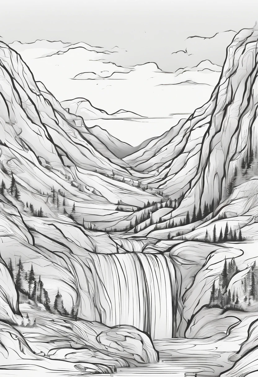 A drawing of a waterfall in a mountain valley with trees - SeaArt AI