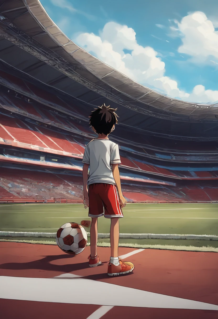 Anime boy standing in a stadium with a soccer ball - SeaArt AI