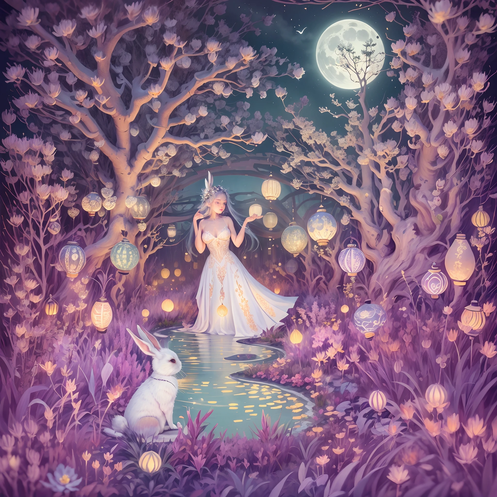 Painting of a woman in a white dress standing in a forest with a rabbit ...