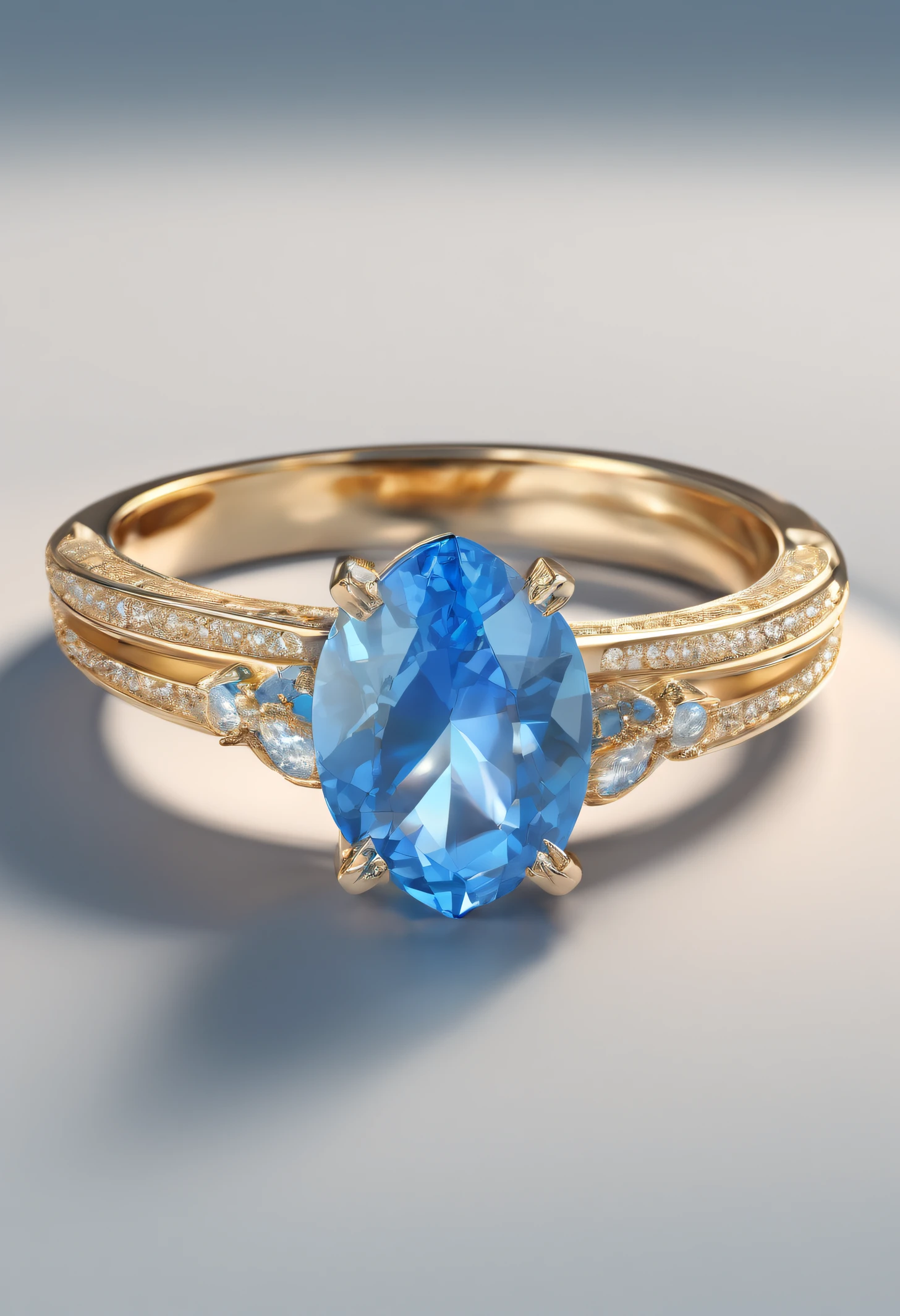 A close up of a blue topaz ring with diamonds on a white surface ...