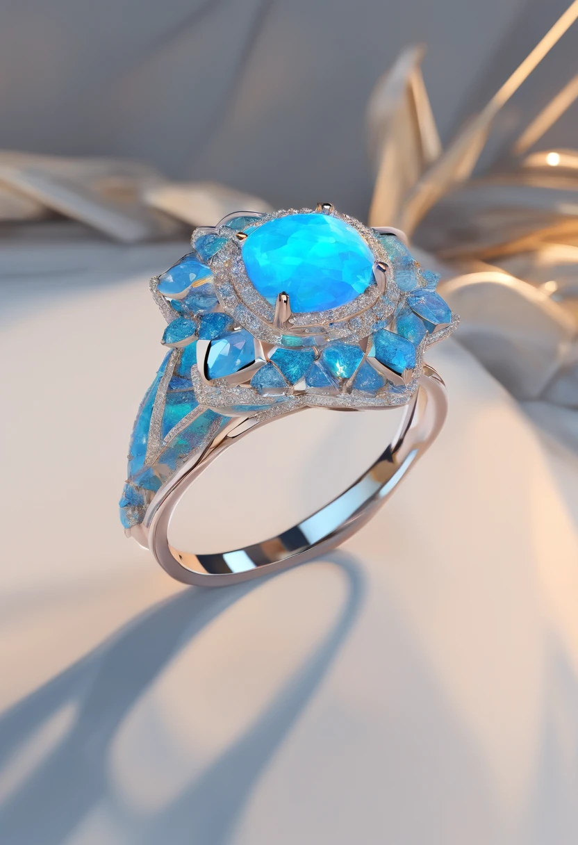A close up of a ring with a blue stone surrounded by blue crystals ...