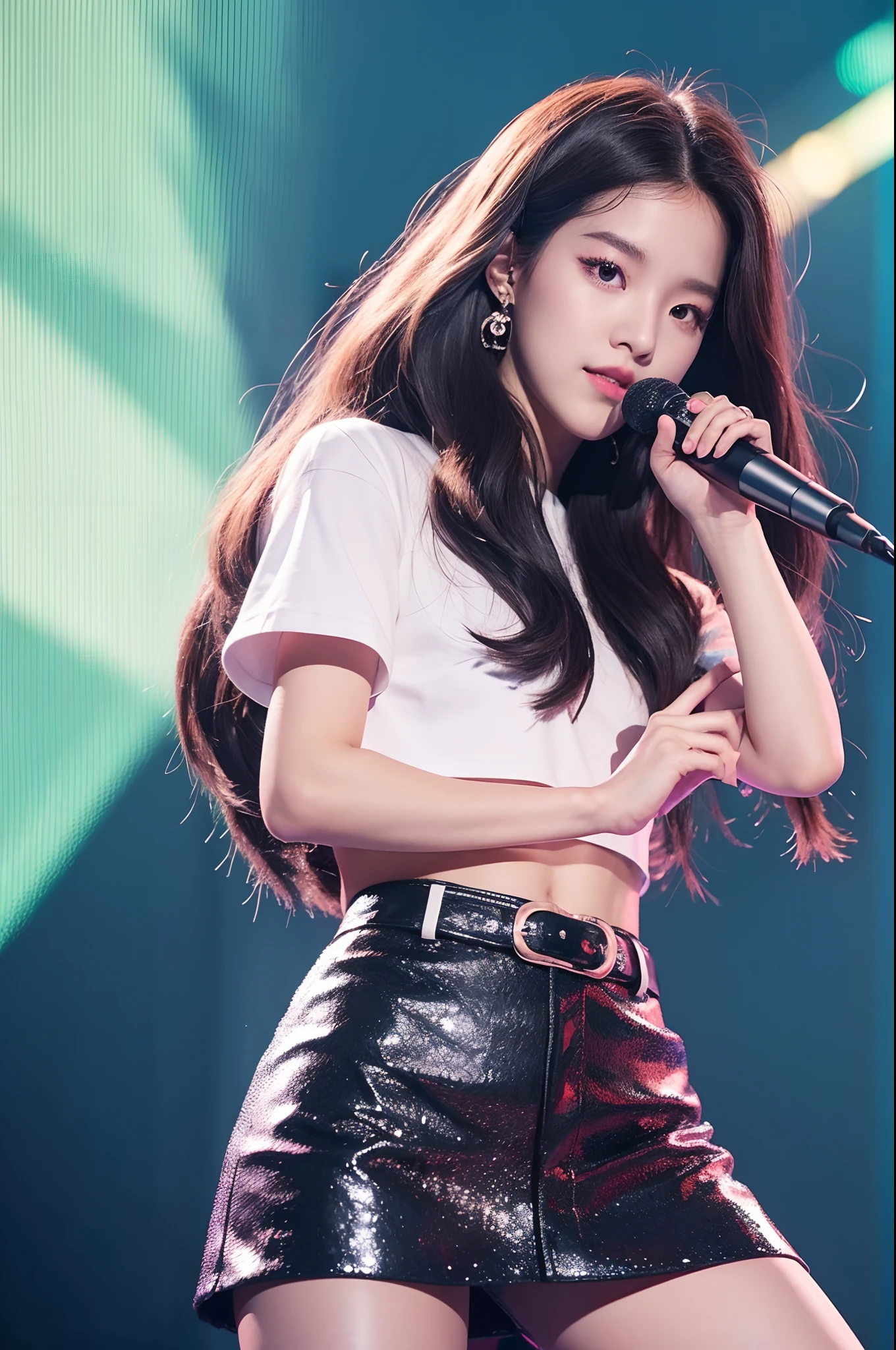 A woman in a short skirt and white shirt holding a microphone - SeaArt AI