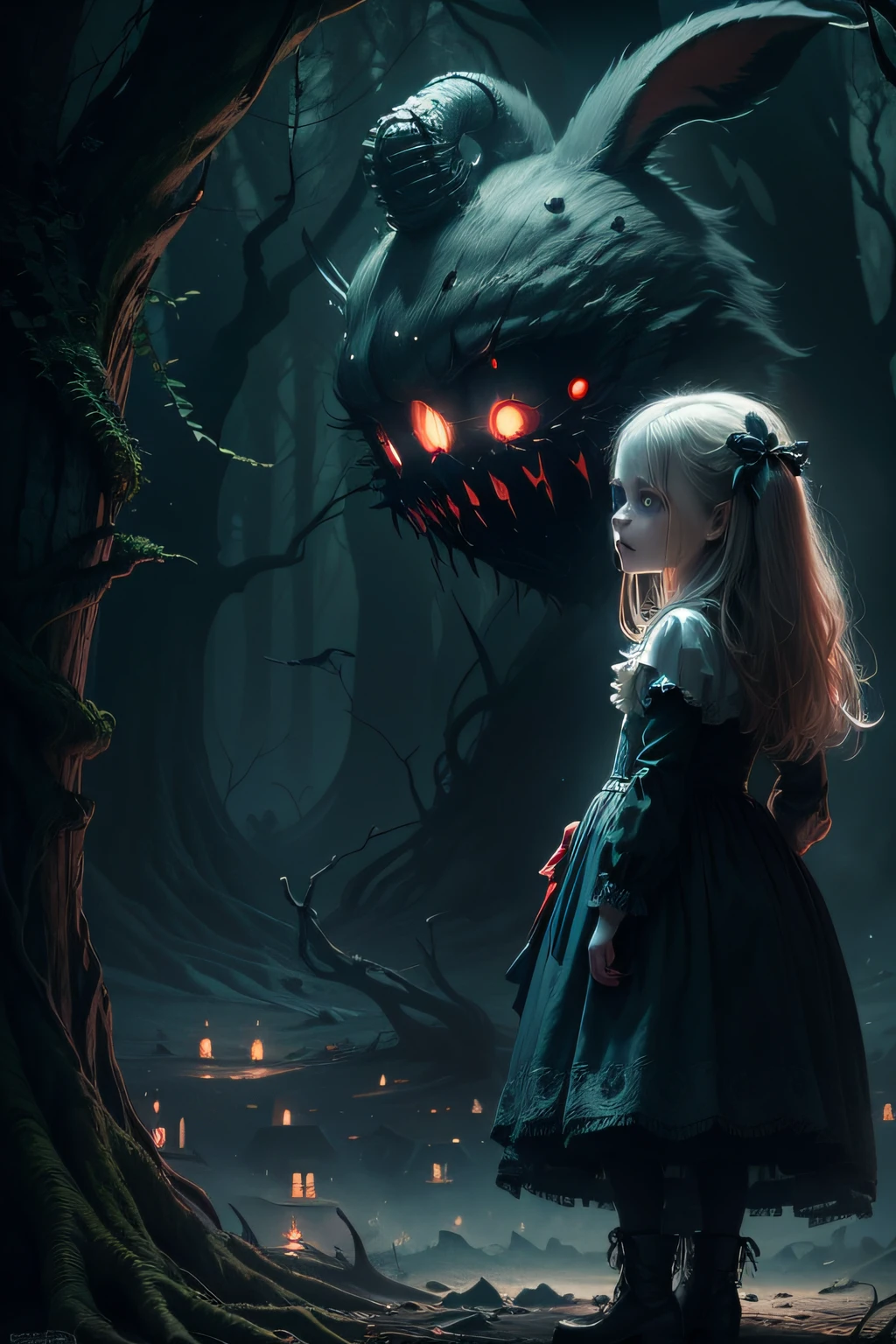 A girl in a dark forest looking at a creepy creature - SeaArt AI