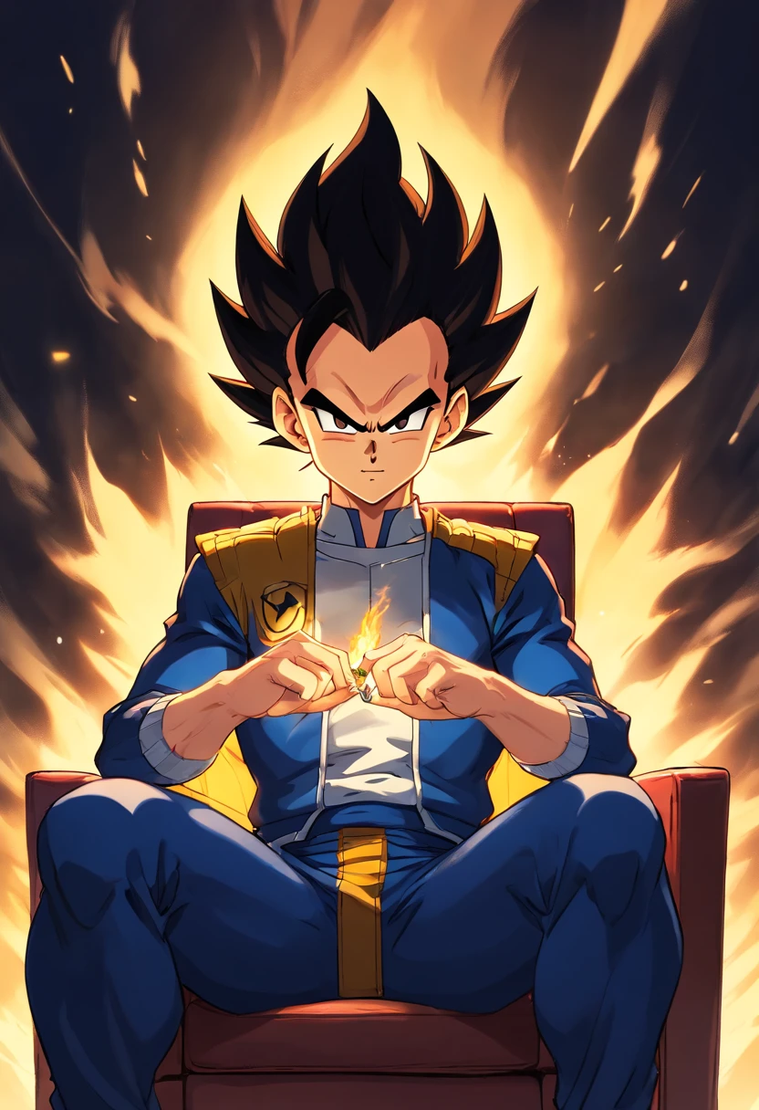 A cartoon of a young gohan sitting in a chair with a cell phone - SeaArt AI