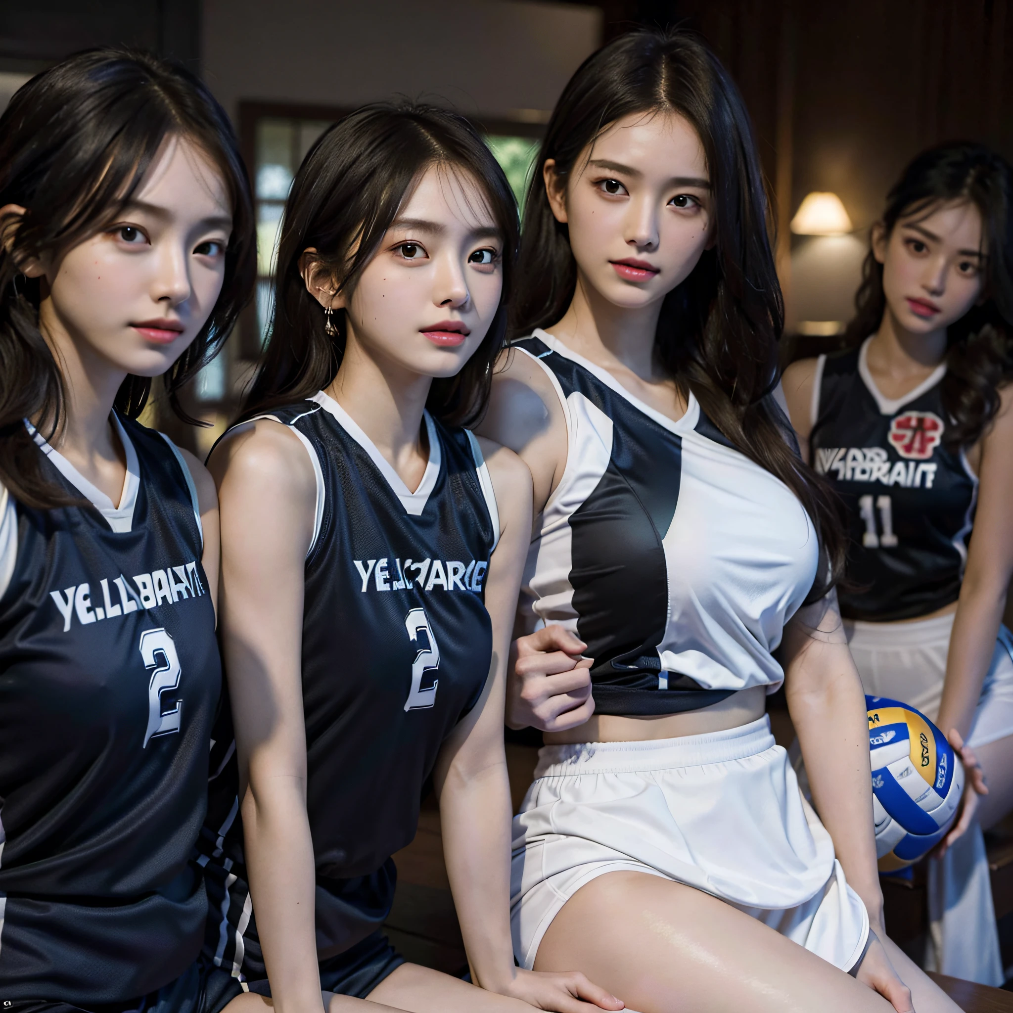Three women in volleyball uniforms posing for a picture - SeaArt AI