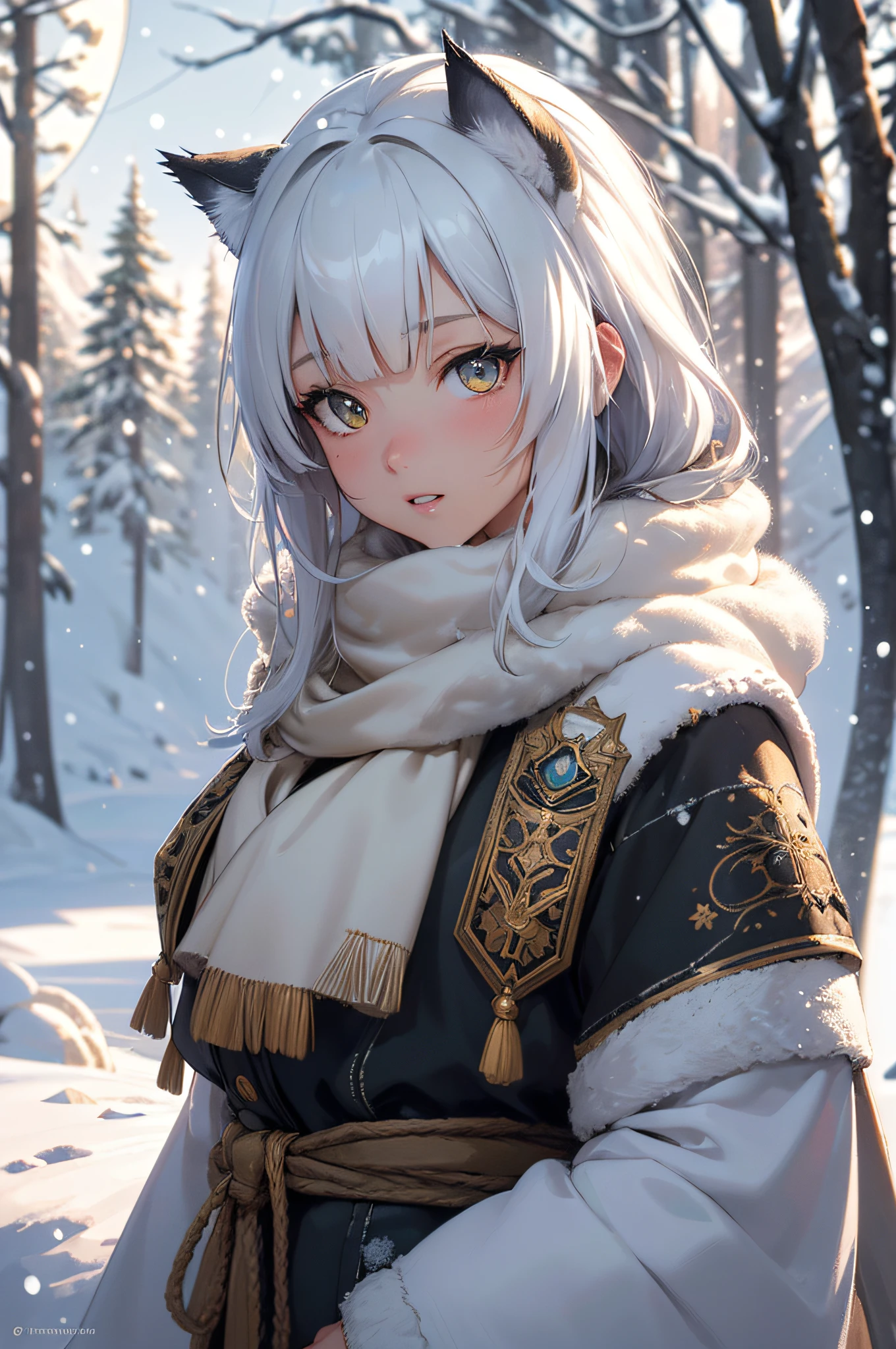 A woman in a white coat and black and gold outfit standing in the snow ...