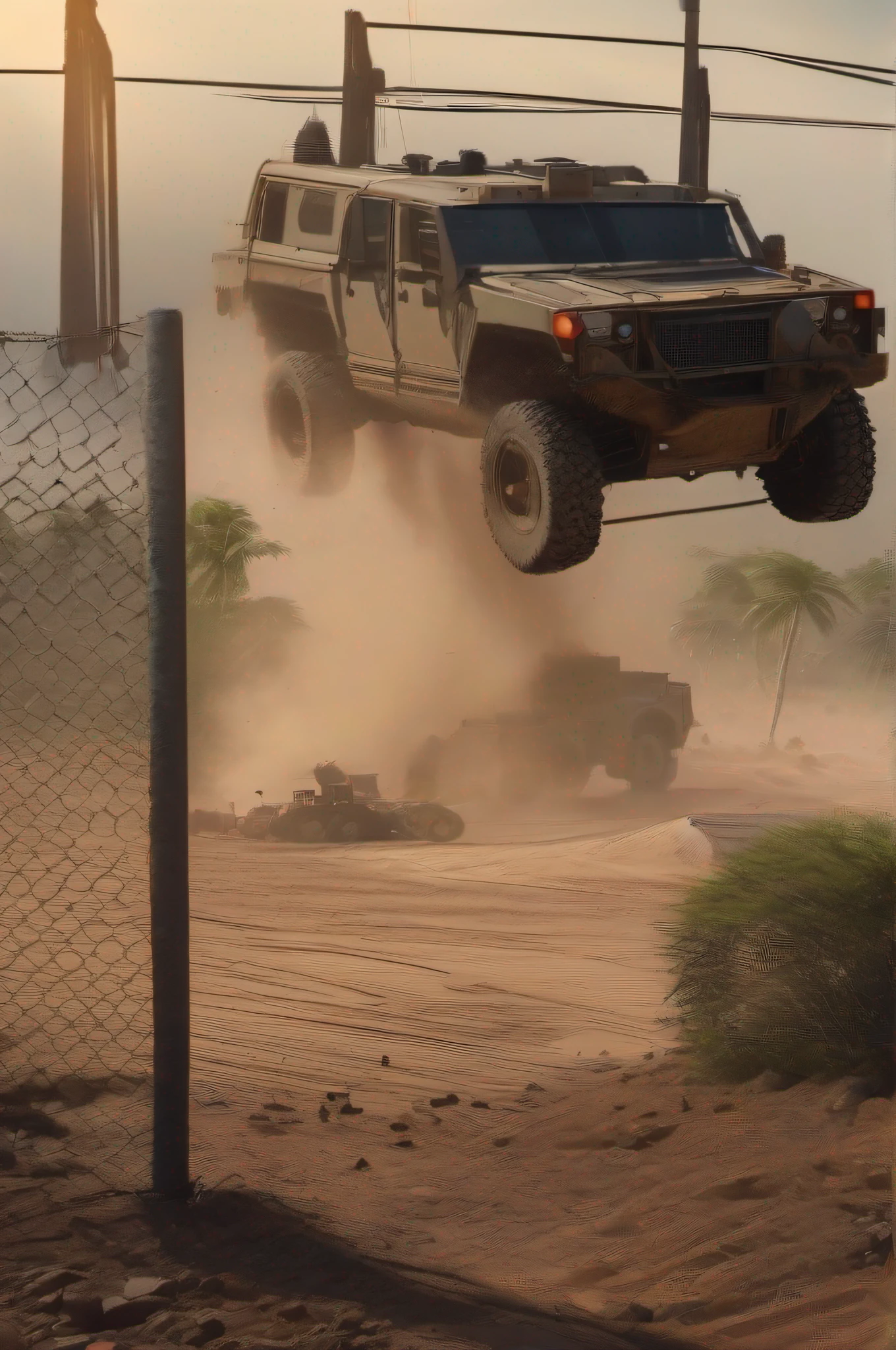 There is a military vehicle that is flying over a fence - SeaArt AI