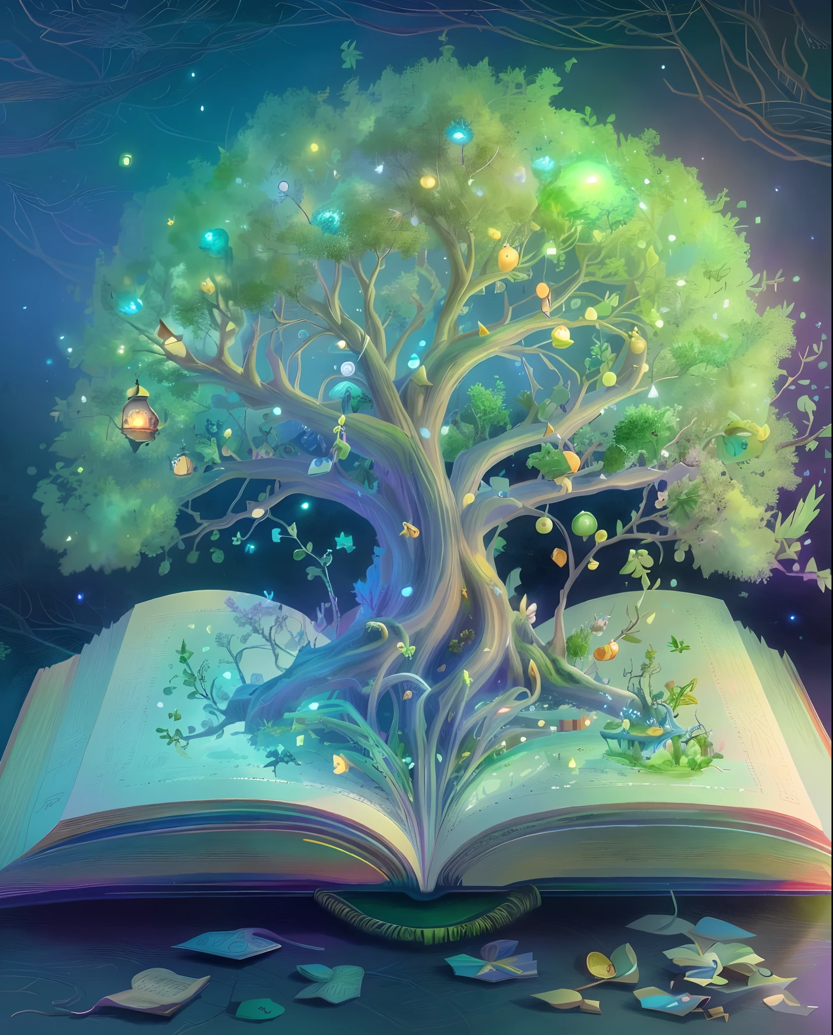 An open book with a tree inside of it and a butterfly flying around ...
