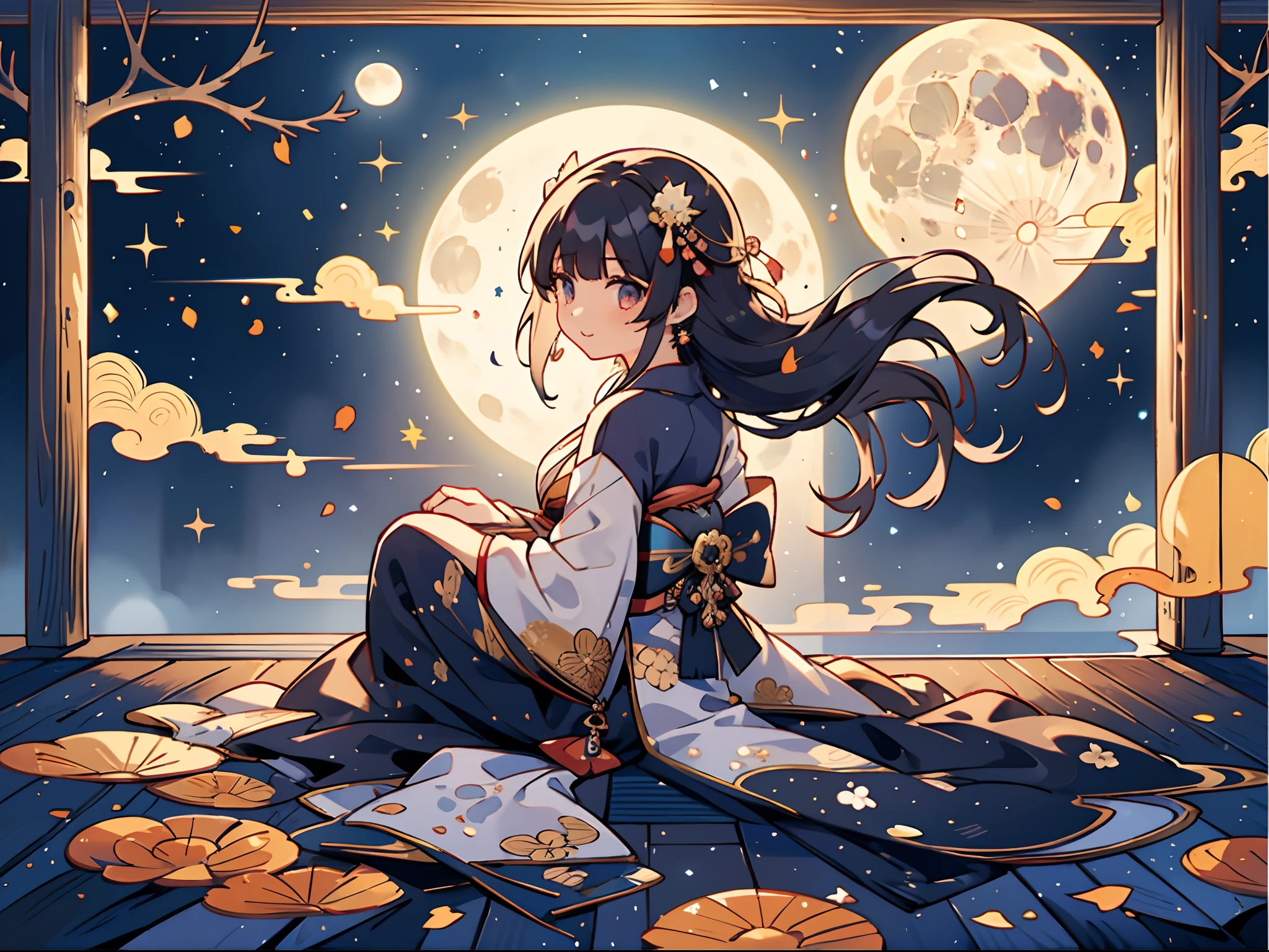 Anime girl sitting on floor with moon in background - SeaArt AI