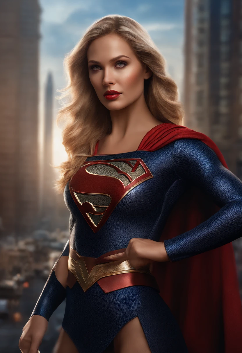 A woman in a superman suit standing in front of a city - SeaArt AI