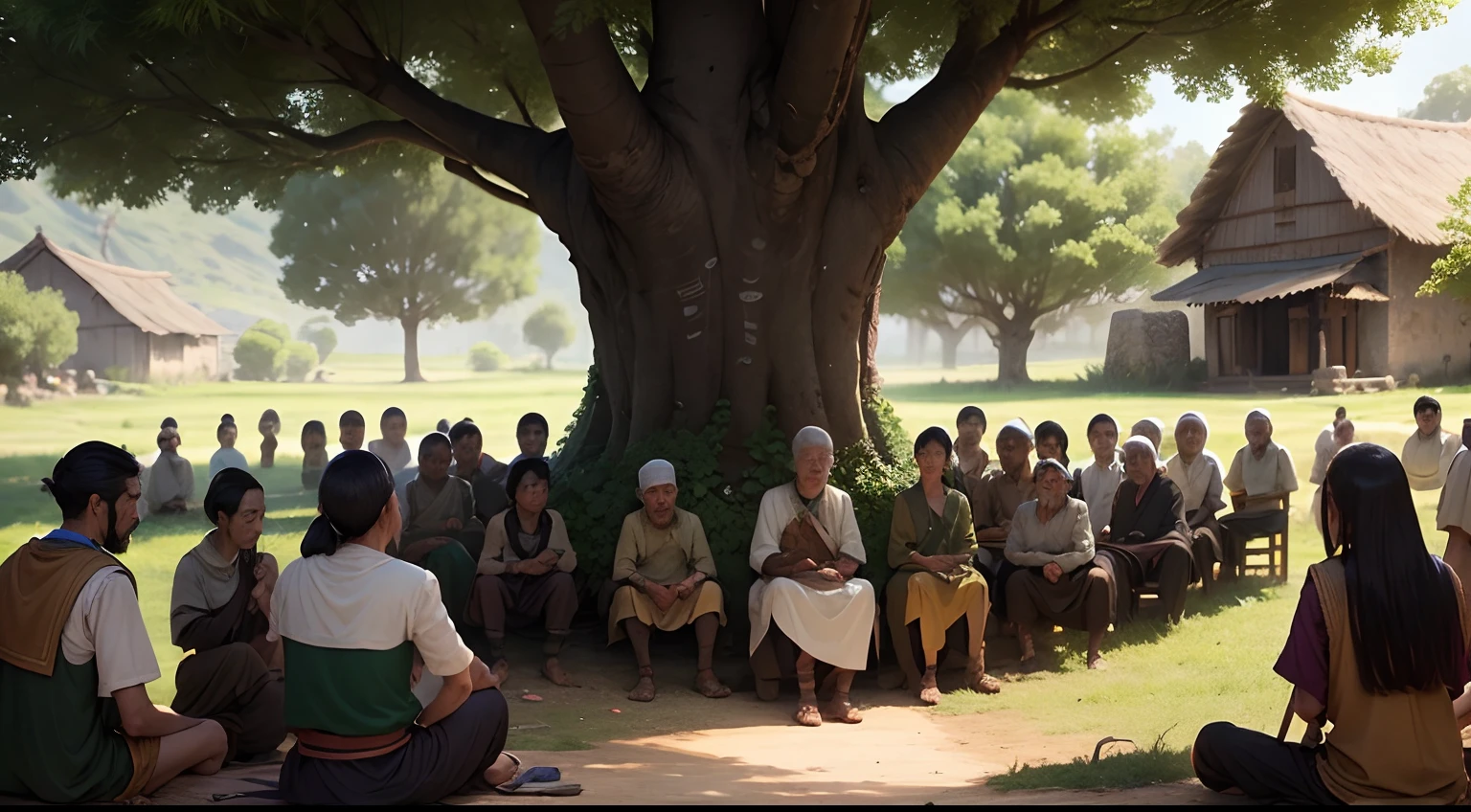 People sitting under a tree in a field with a group of people - SeaArt AI