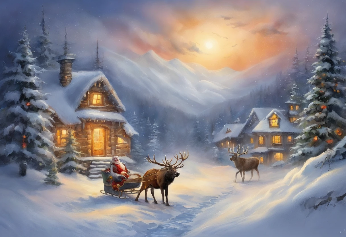 Painting of a christmas scene with a reindeer and a sleigh - SeaArt AI