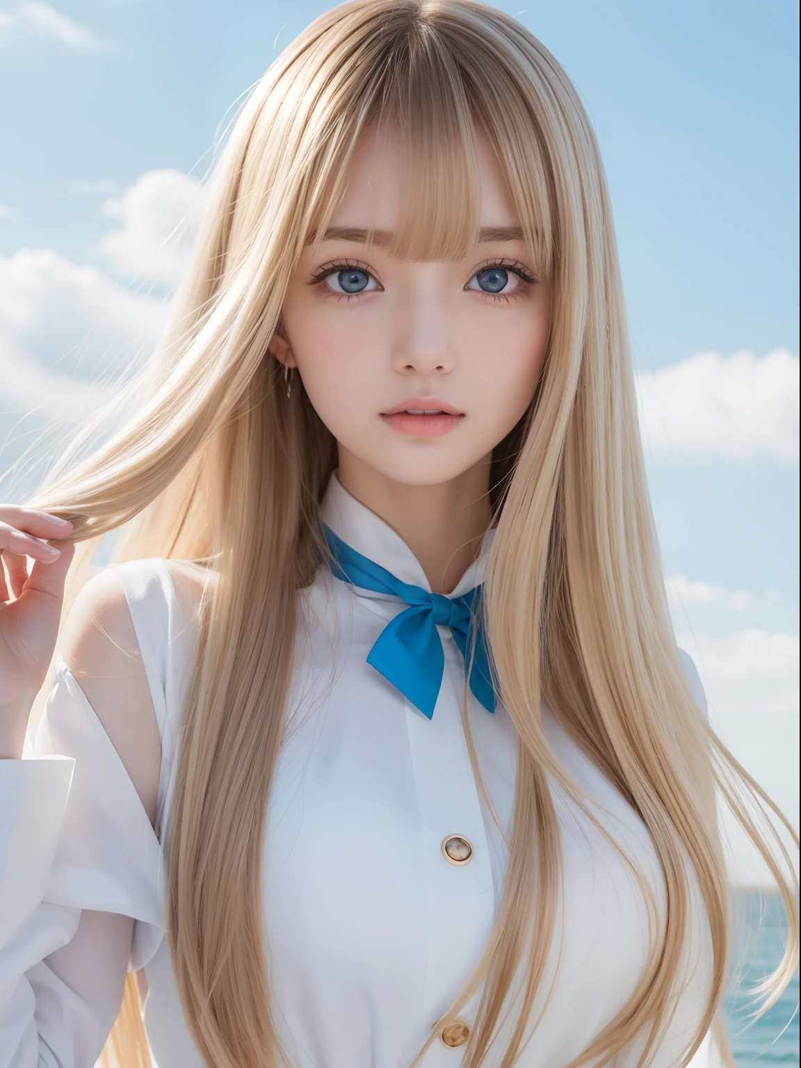 A close up of a woman with long blonde hair wearing a white shirt and blue bow tie - SeaArt AI