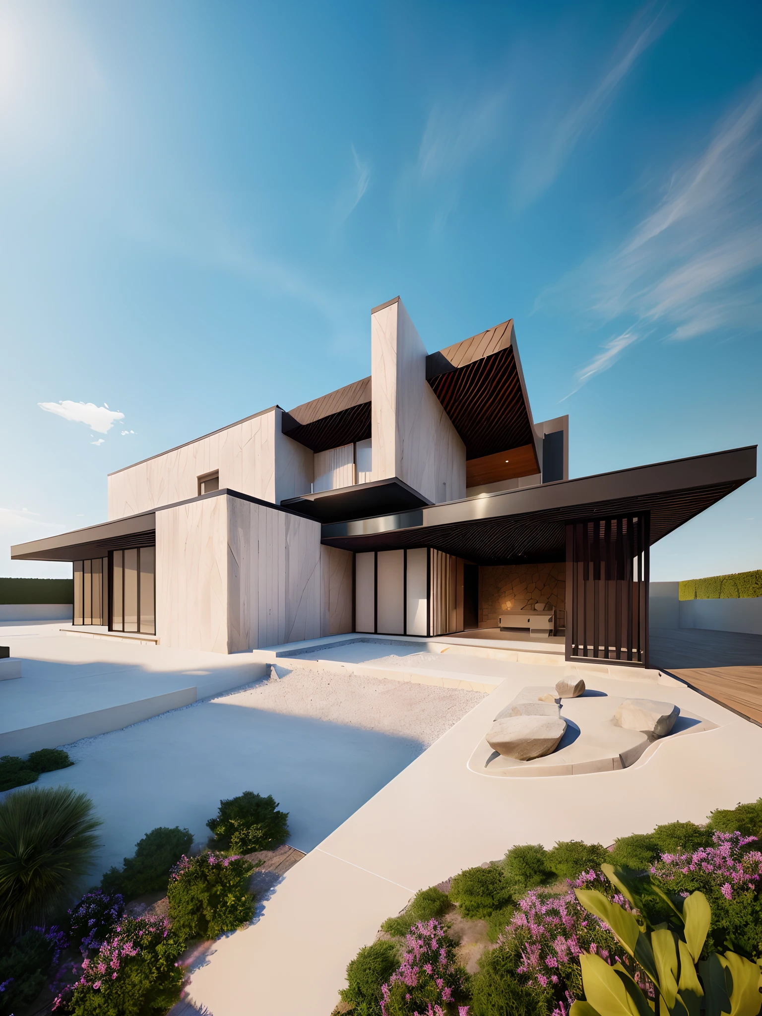 A rendering of a modern house with a large courtyard and a large patio ...