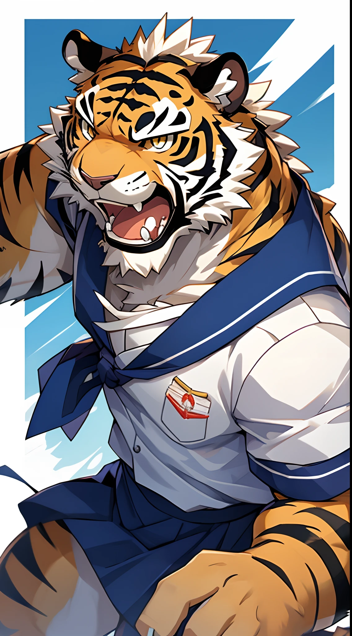 Anime tiger in sailor outfit with a blue tie and white shirt - SeaArt AI
