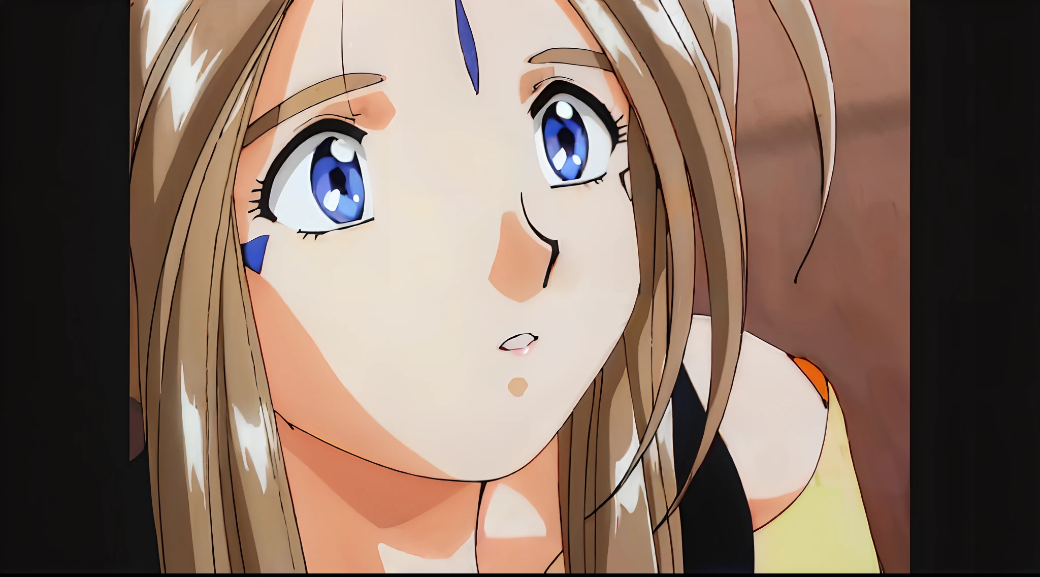 Anime girl with blue eyes staring at camera with a black background ...