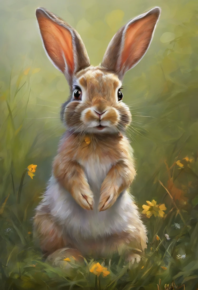 Painting of a rabbit sitting in the grass with its front paws up ...