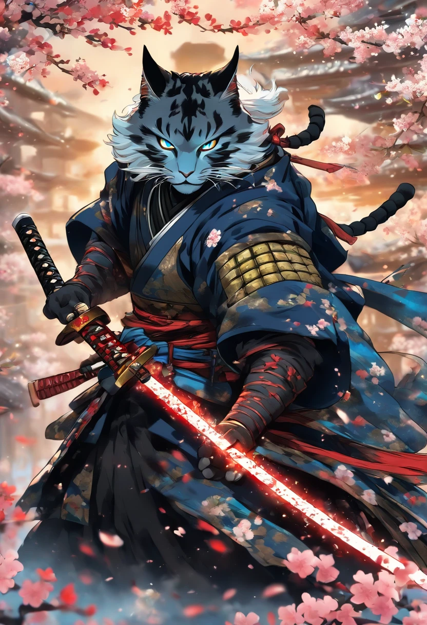 A cat with a sword and a samurai outfit standing in front of a tree ...