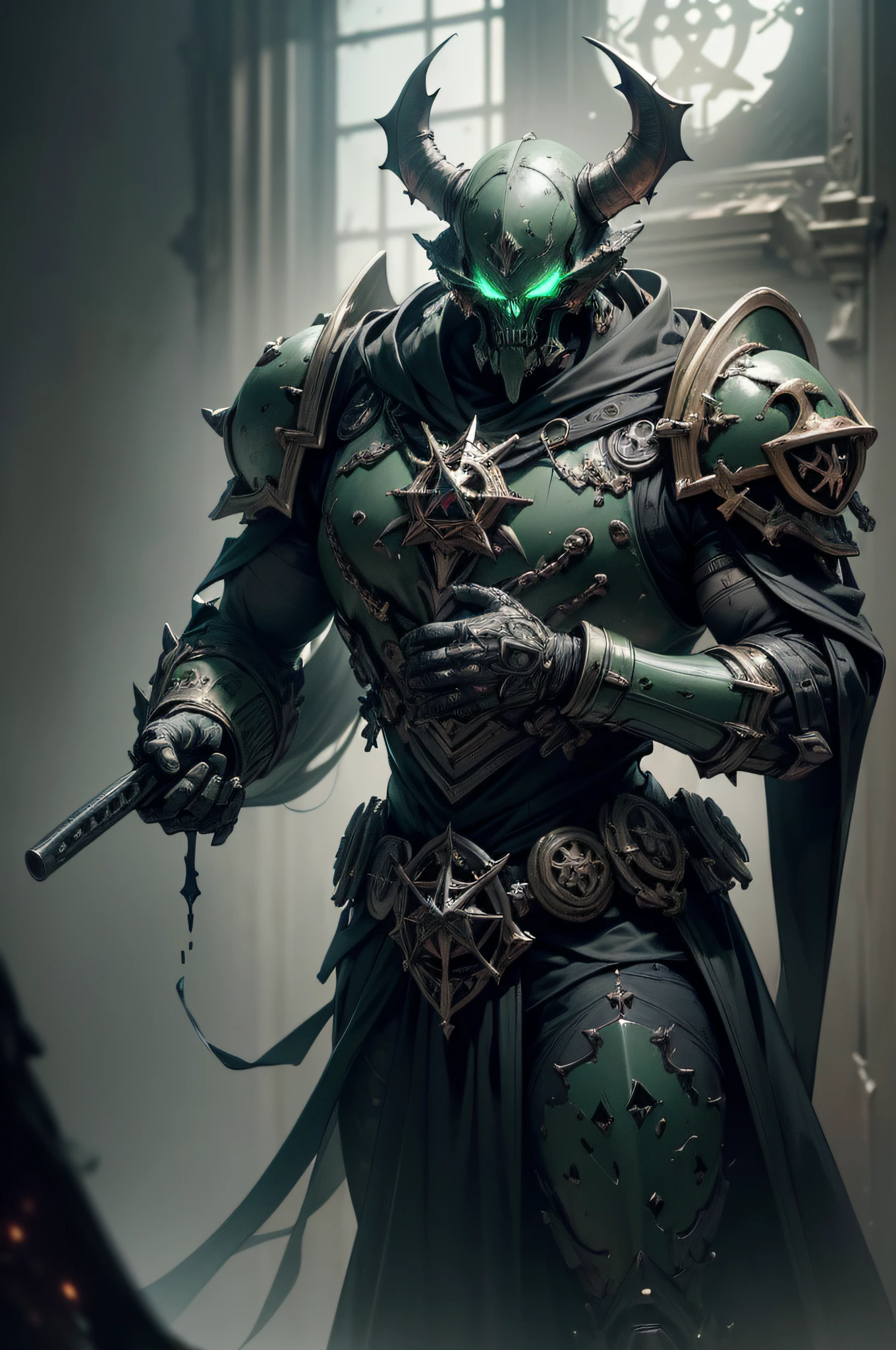 A man in a green and black armor holding a sword - SeaArt AI