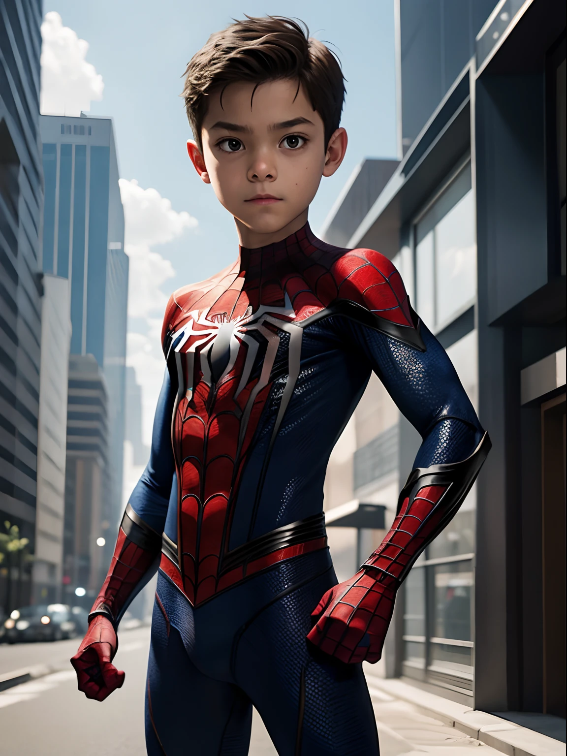 A close up of a young boy in a spider - man suit standing on a city ...
