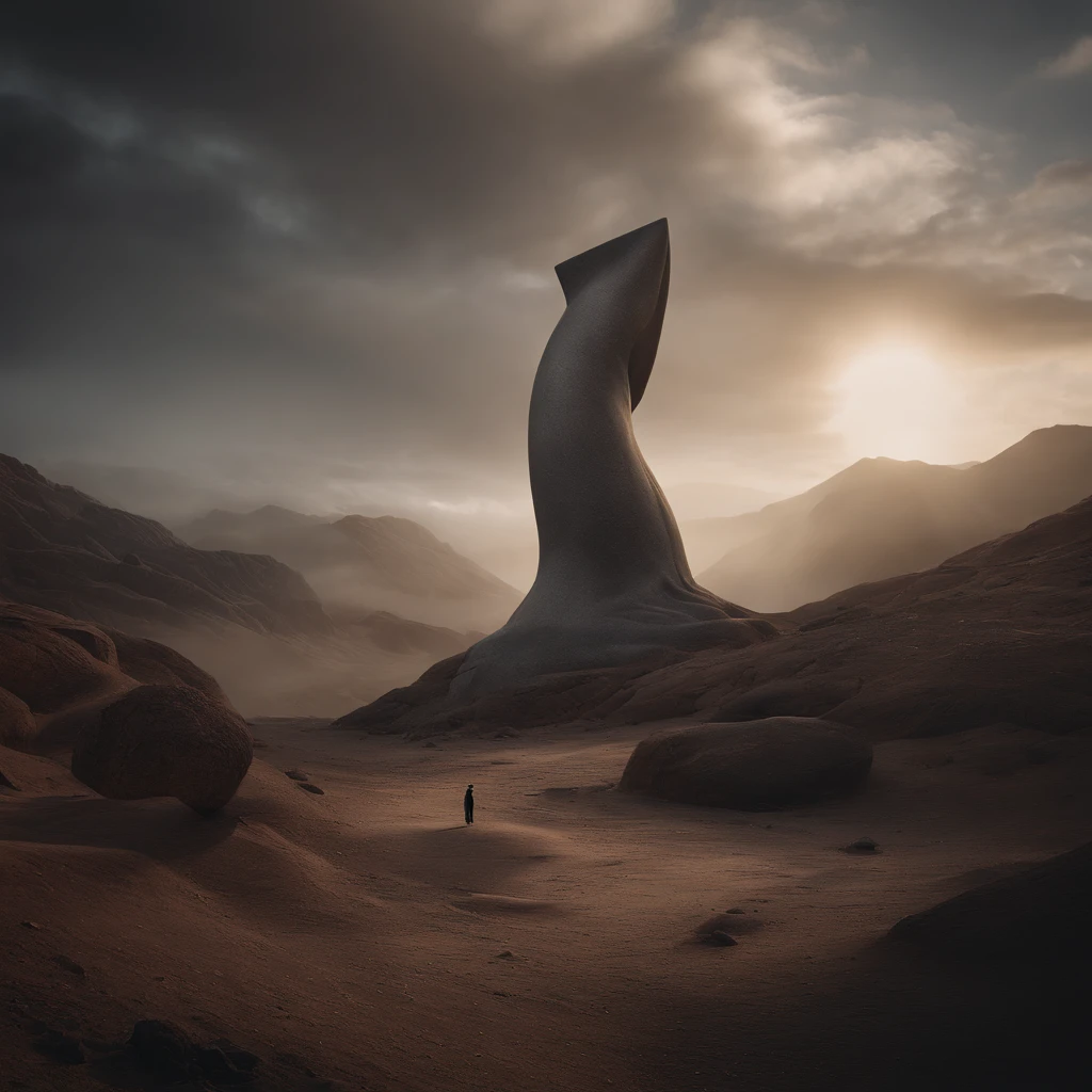 A person standing in the desert with a large rock formation - SeaArt AI