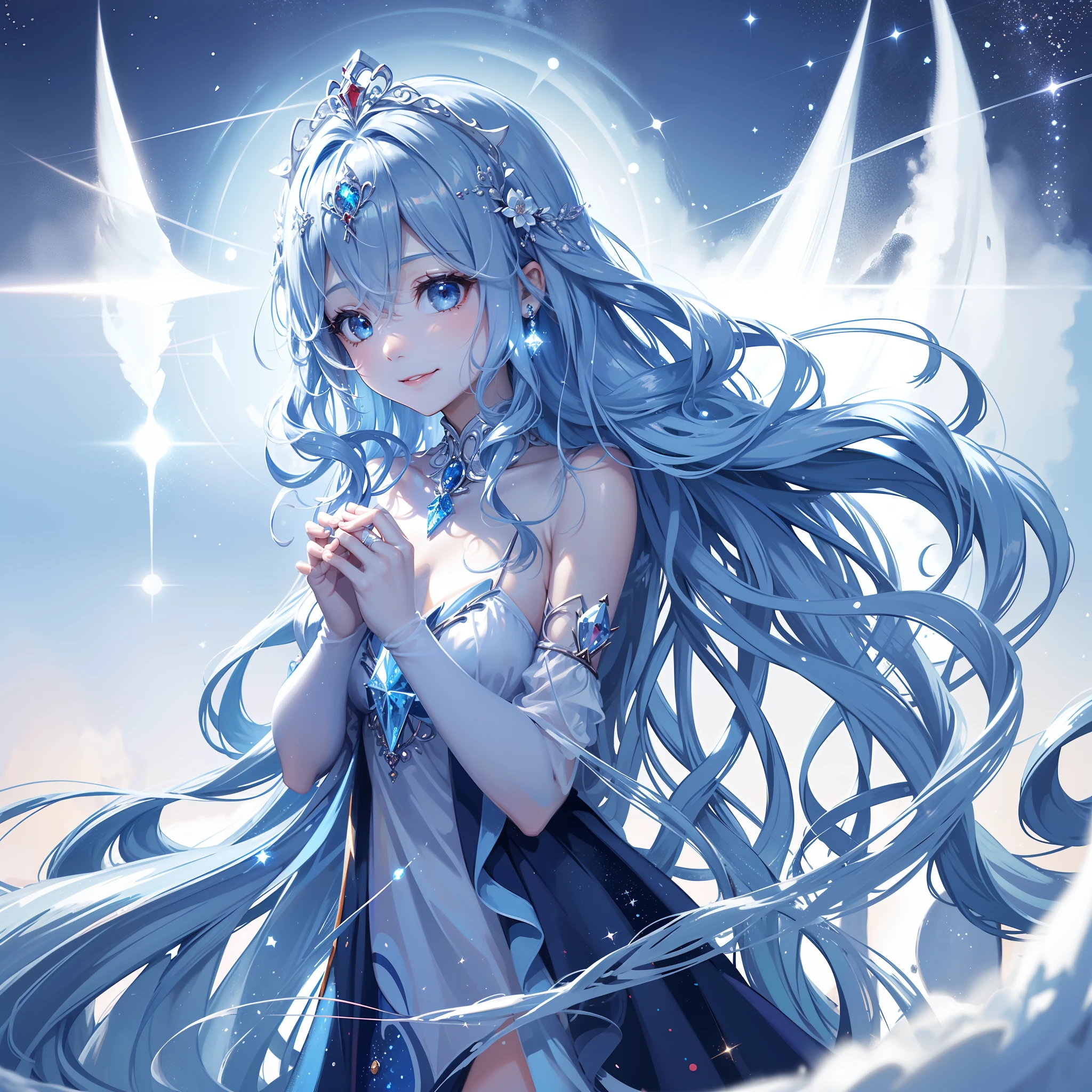 A woman with long blue hair and a white dress holding a wand - SeaArt AI