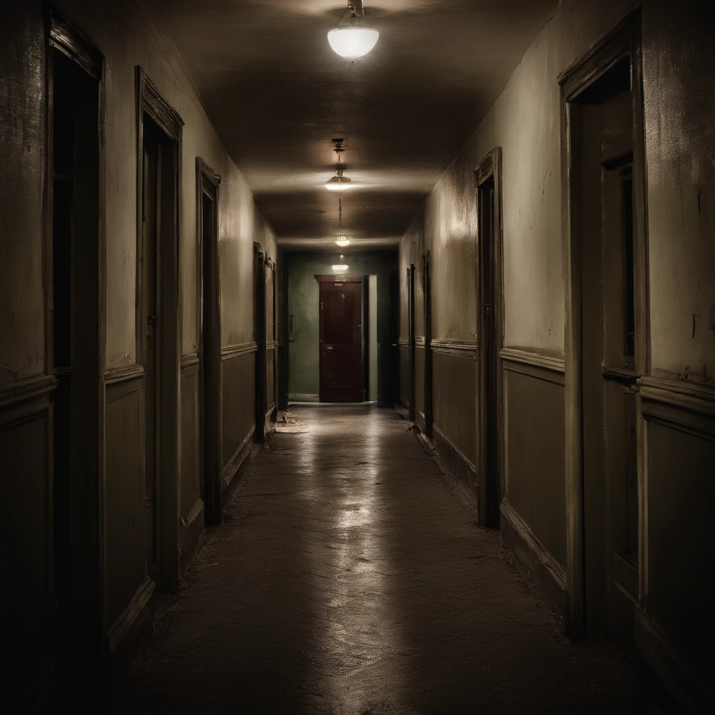 A dimly lit hallway with a light on and a dark floor - SeaArt AI