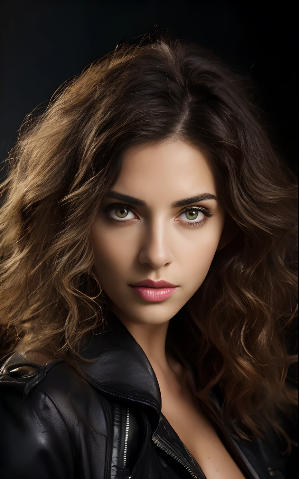 A woman with long hair wearing a black jacket and posing for a picture ...