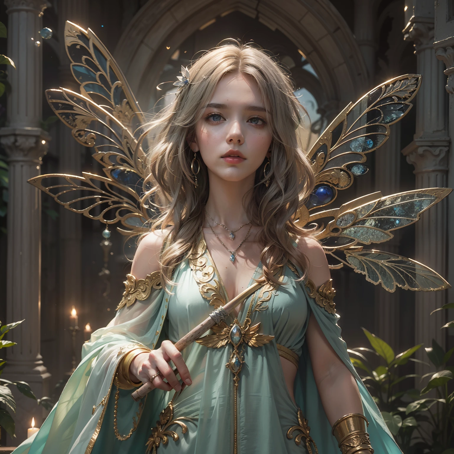 Arafed woman dressed in green dress holding a wand and a sword - SeaArt AI