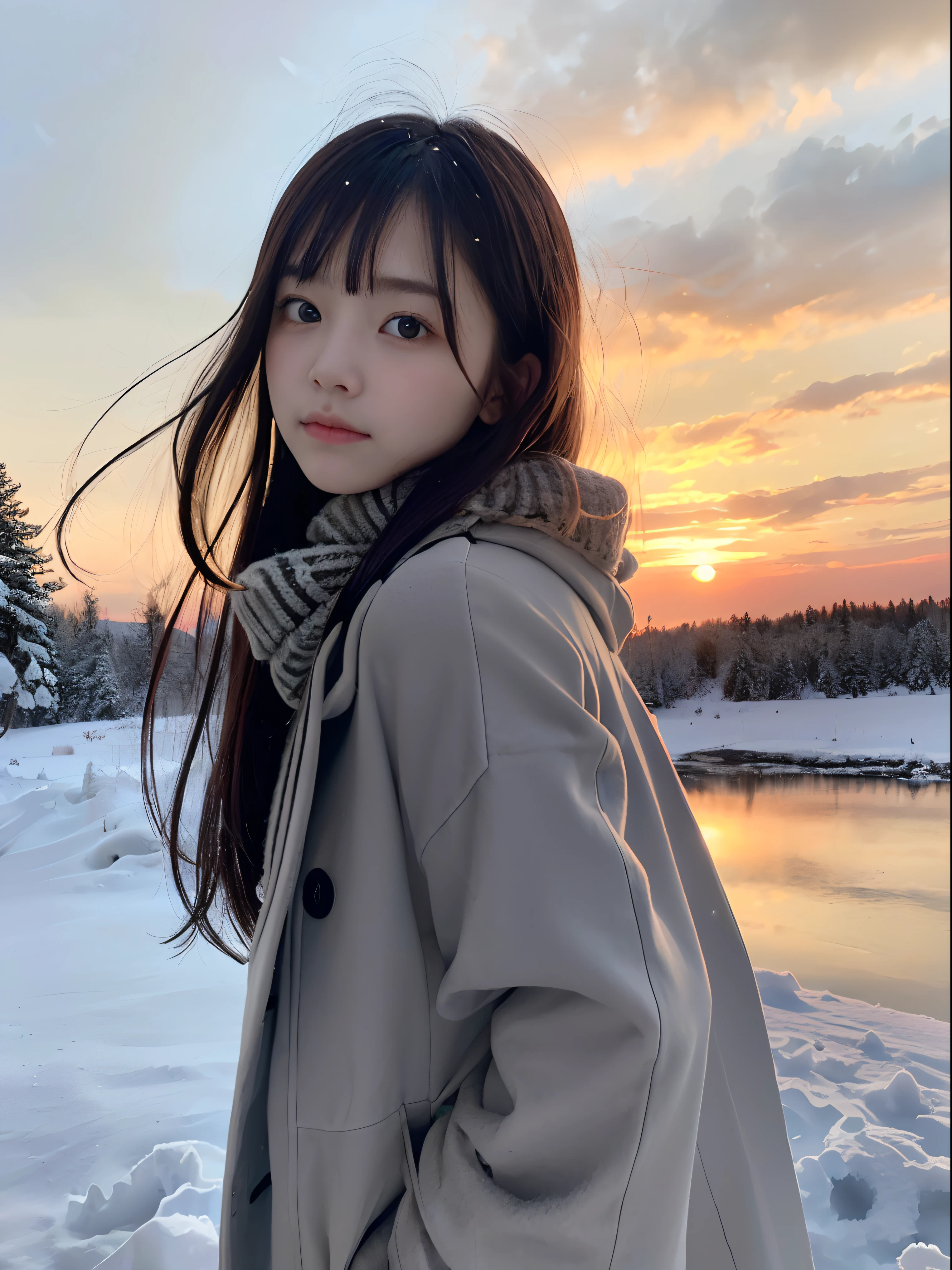 A woman standing in the snow with a scarf around her neck - SeaArt AI